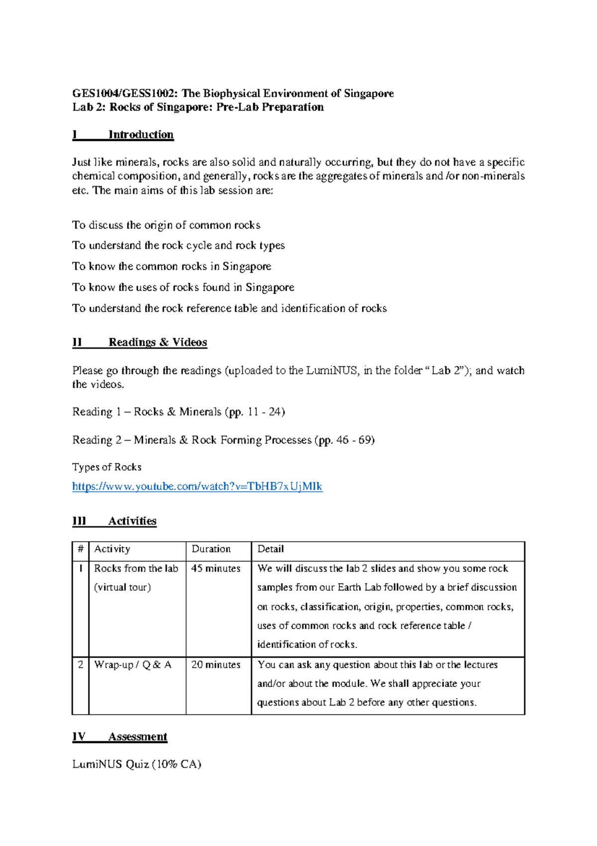 Handout Lab 2 Rocks of Singapore - GES1004/GESS1002: The Biophysical Environment of Singapore ...