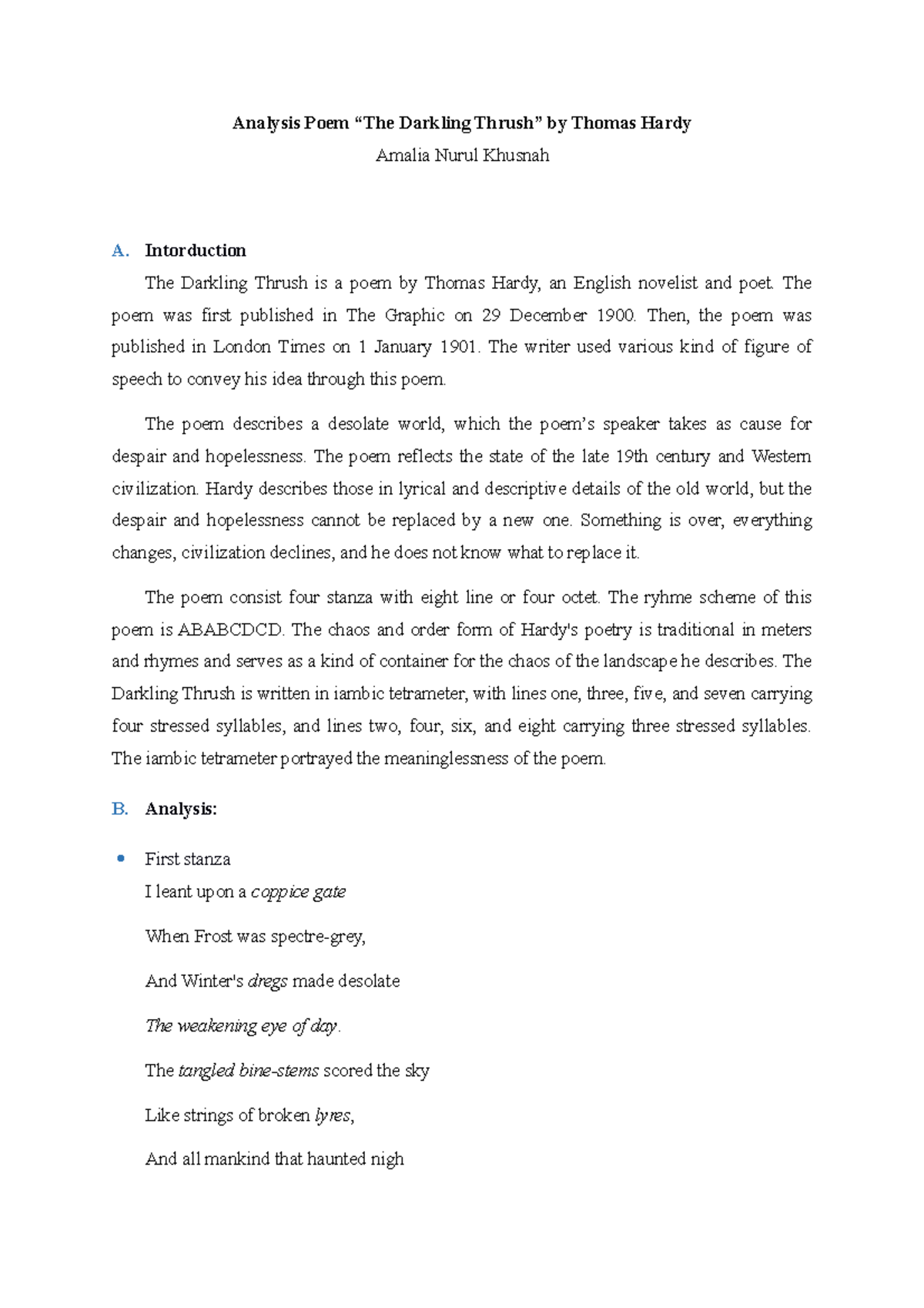 Amalia Nurul Khusnah_ Puisi - Analysis Poem “The Darkling Thrush” by ...