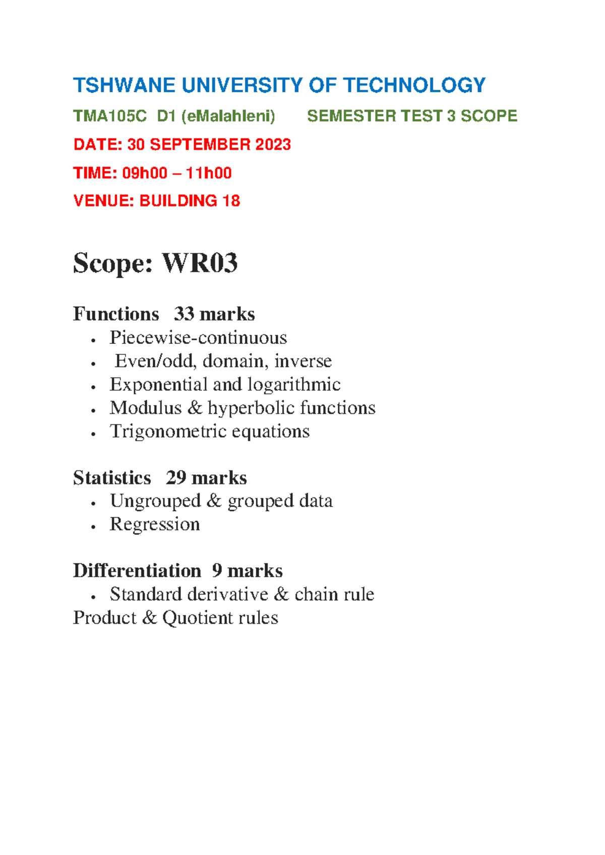 TMA105C Semester TEST 3 Scope - TSHWANE UNIVERSITY OF TECHNOLOGY ...