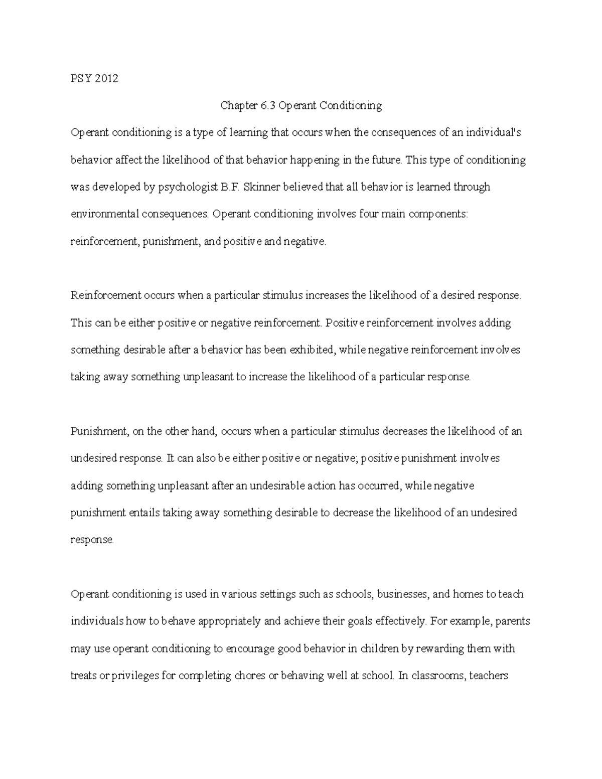 Chapter 6.3 Operant Conditioning - PSY 2012 Chapter 6 Operant Conditioning Operant conditioning ...