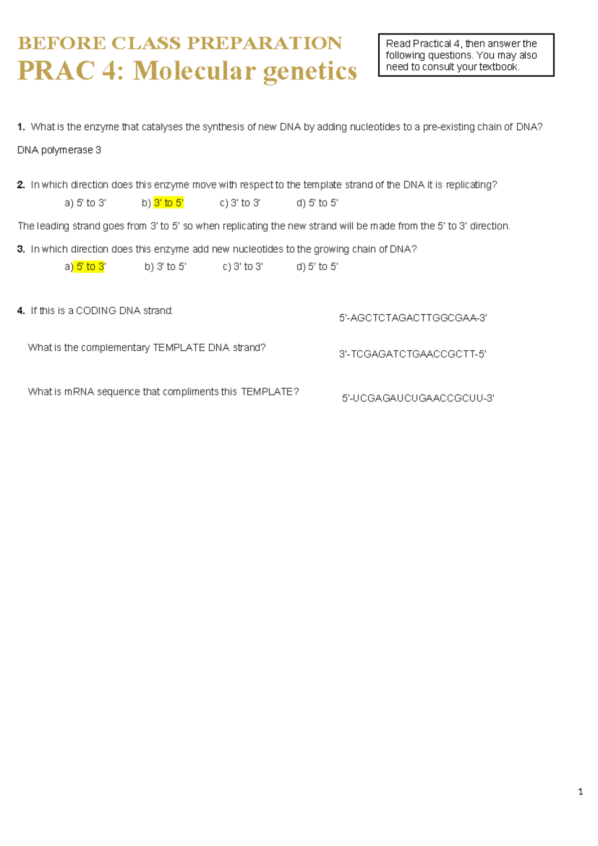 BIOL1020 Prac 4 - PCR - Prac 4 worksheet - Read Practical 4, then ...