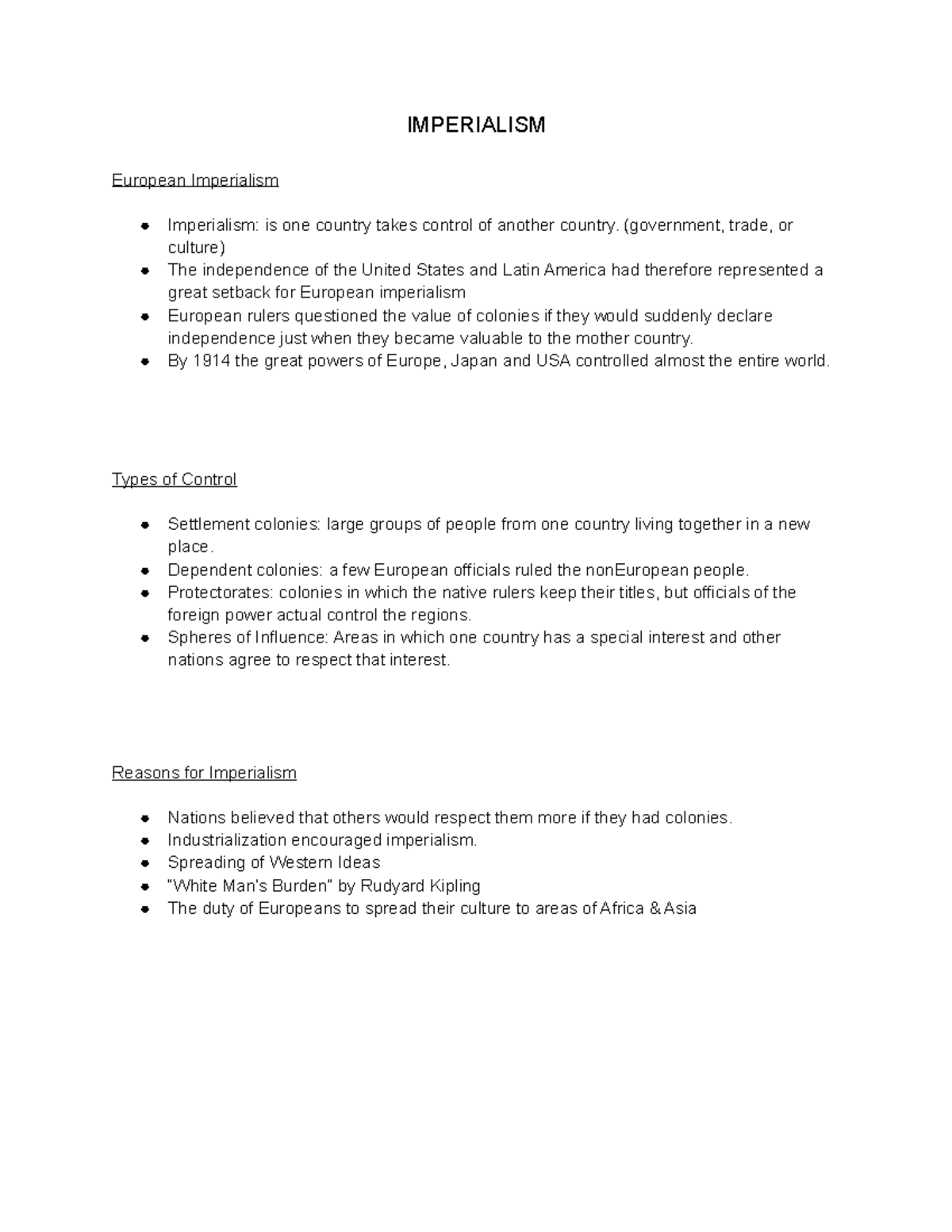 World History Notes Part 26 - IMPERIALISM European Imperialism ...