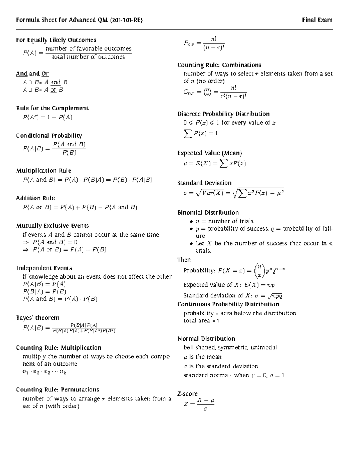 Advanced QM formulasheet Final Exam-2 - Formula Sheet for Advanced QM ...