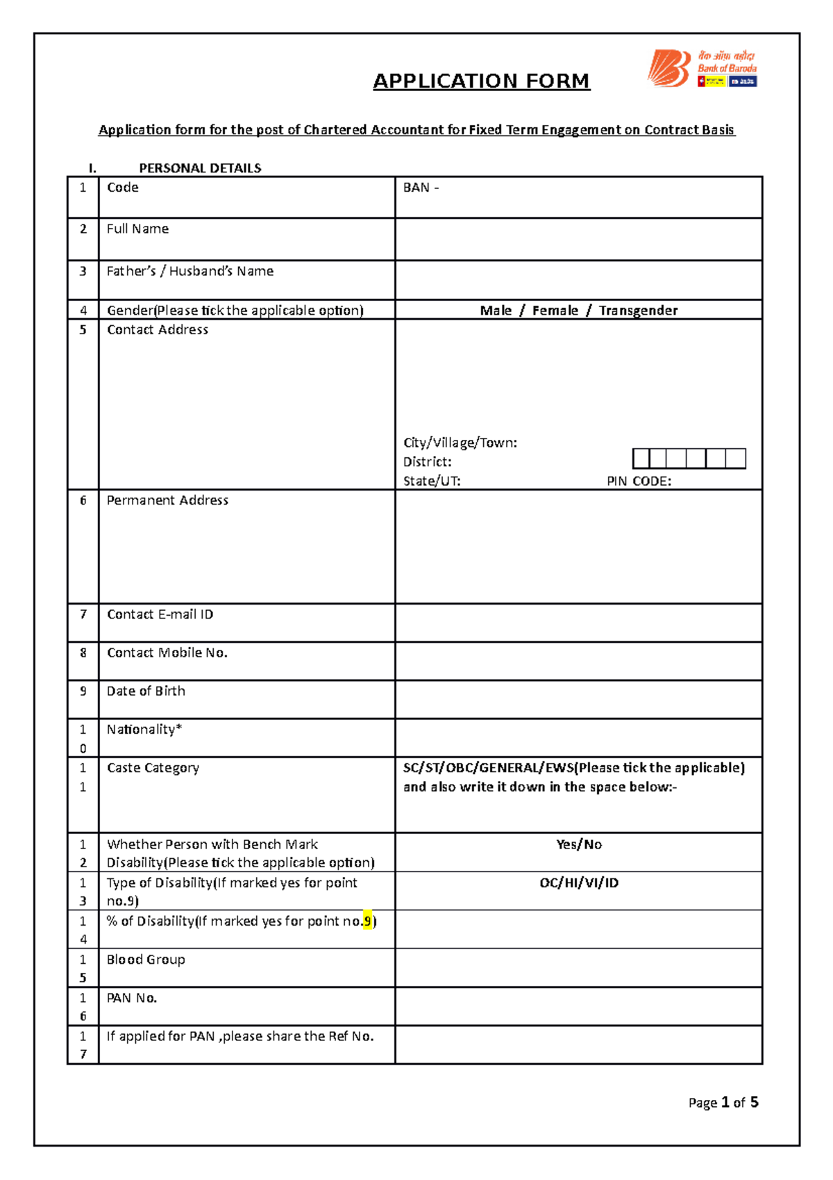 BOB Application FORM - Application form for the post of Chartered ...