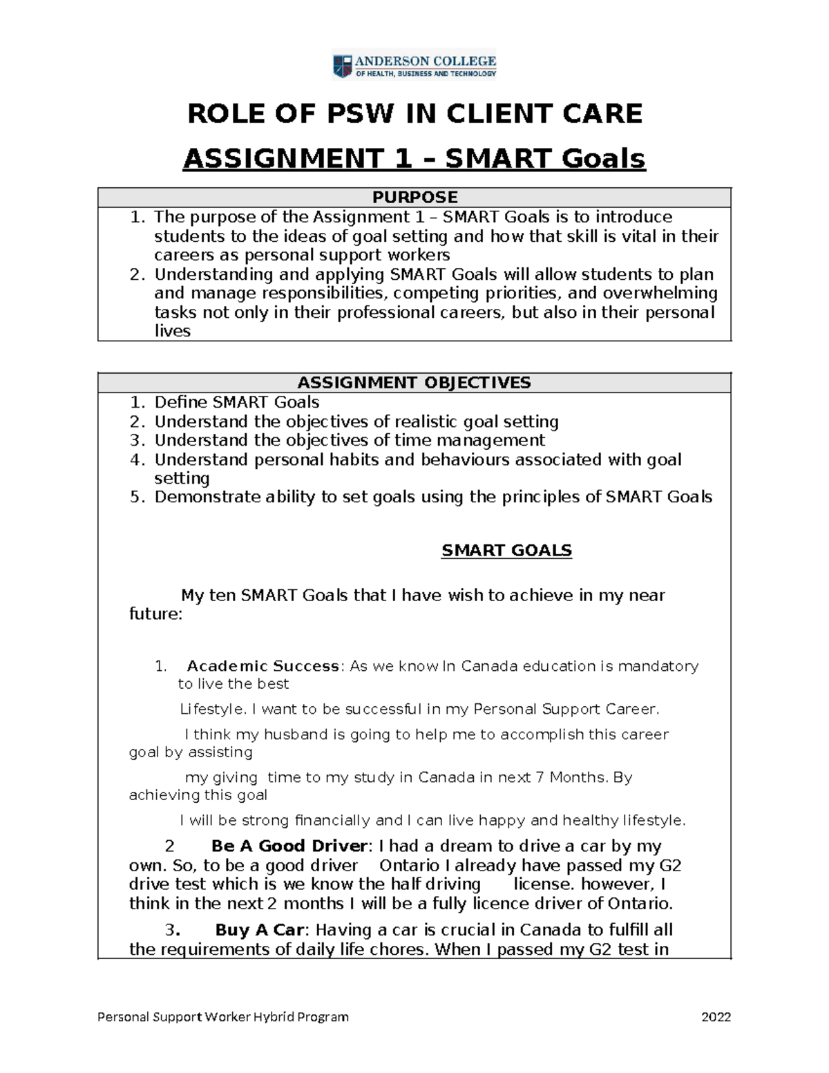 Smart Goals of as a PSW - ROLE OF PSW IN CLIENT CARE ASSIGNMENT 1 ...