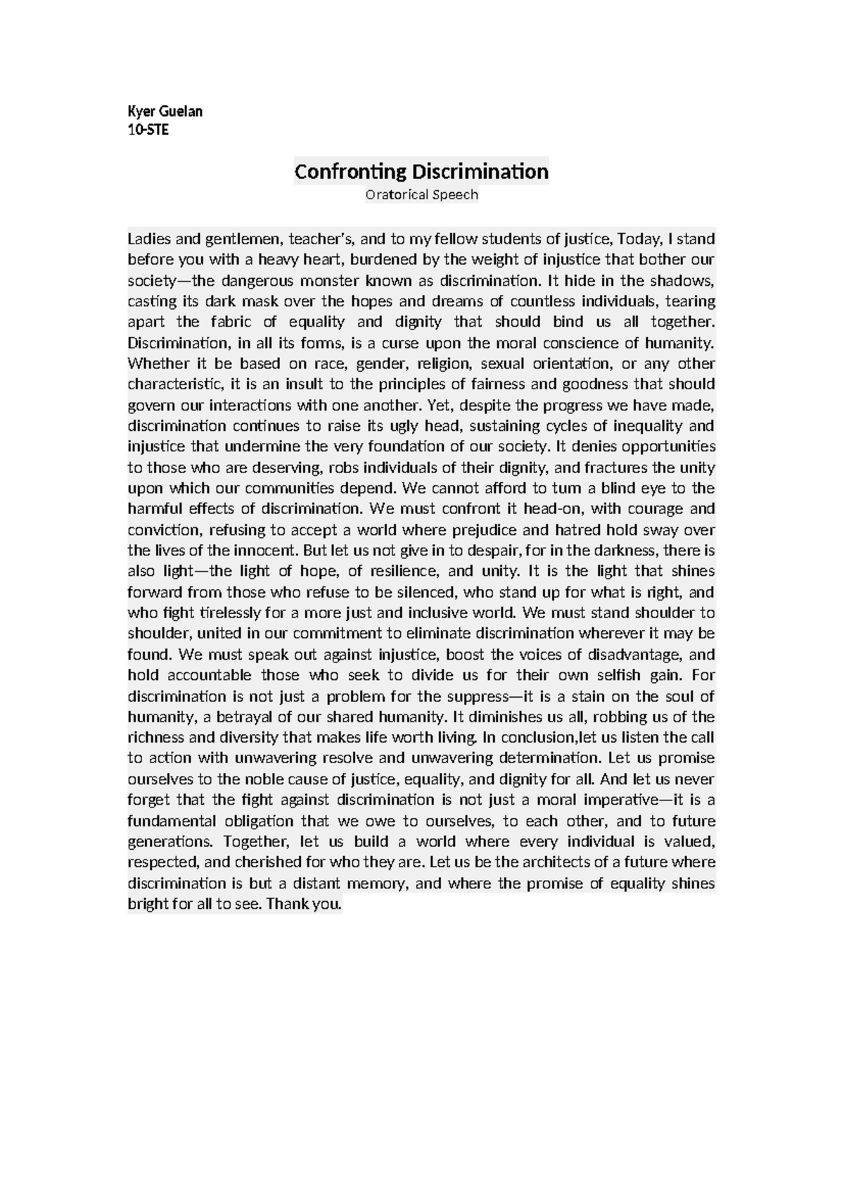 Oratorical Speech - Kyer Guelan 10-STE Confronting Discrimination ...