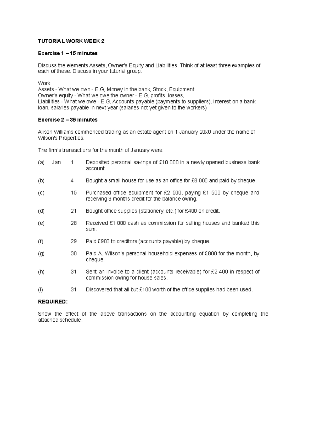 Tutorial Week 2 (Intro to financial accounting) - TUTORIAL WORK WEEK 2 ...