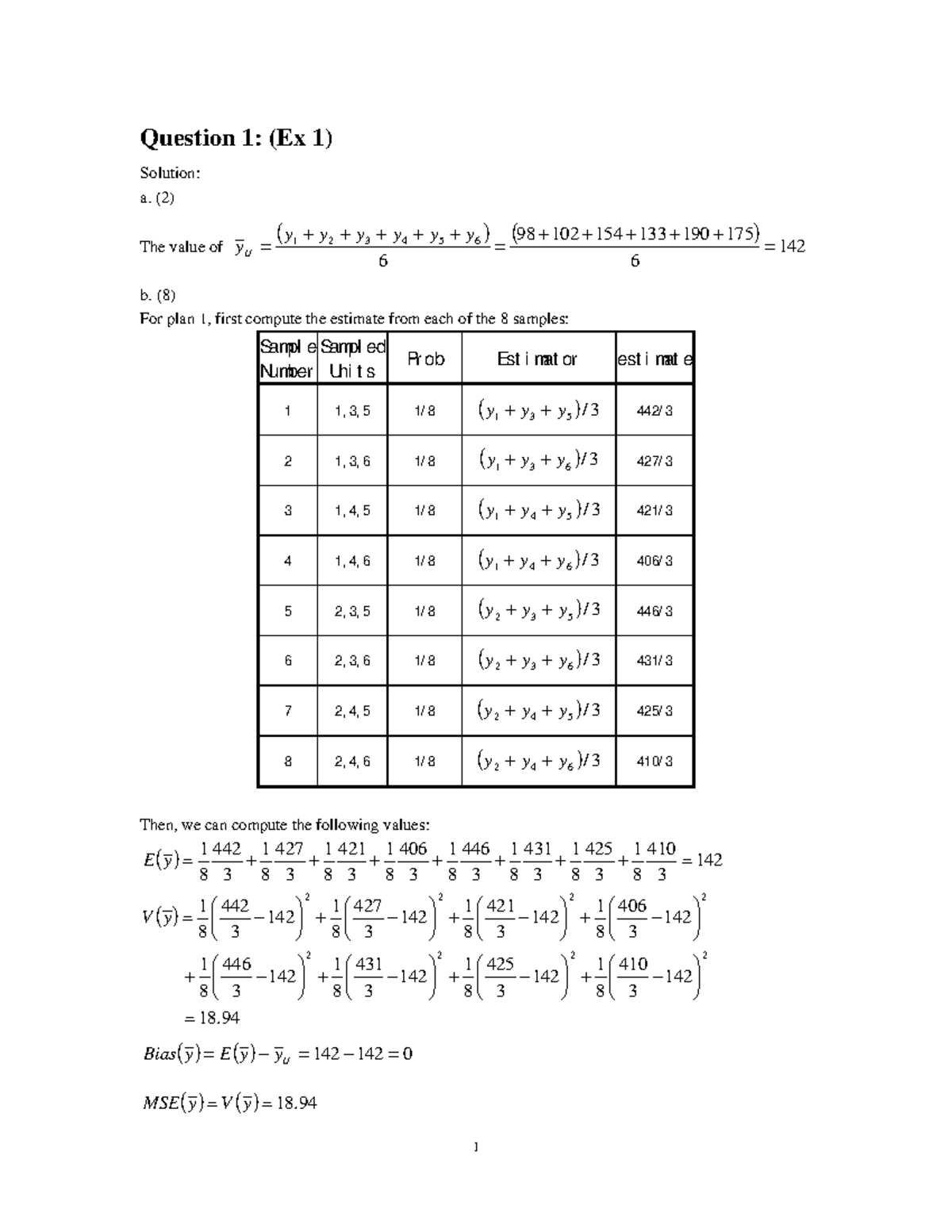 Asg1soln - Question 1: (Ex 1) Solution: a. (2) The value of ()() 142 6 98 102 154 133 190 175 6 ...