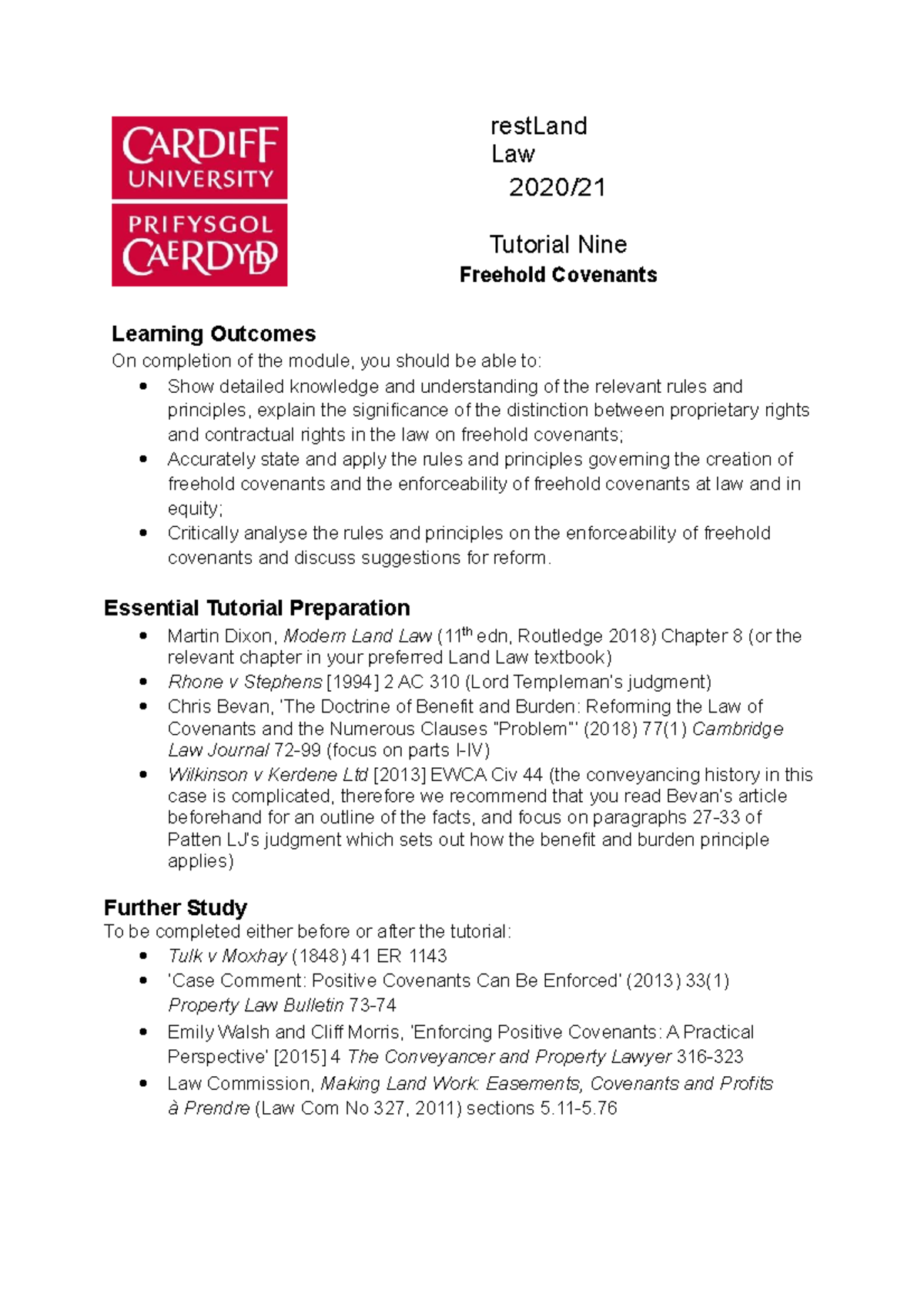 Land Law Tutorial Nine Freehold Covenants - restLand Law 2020/ Tutorial ...