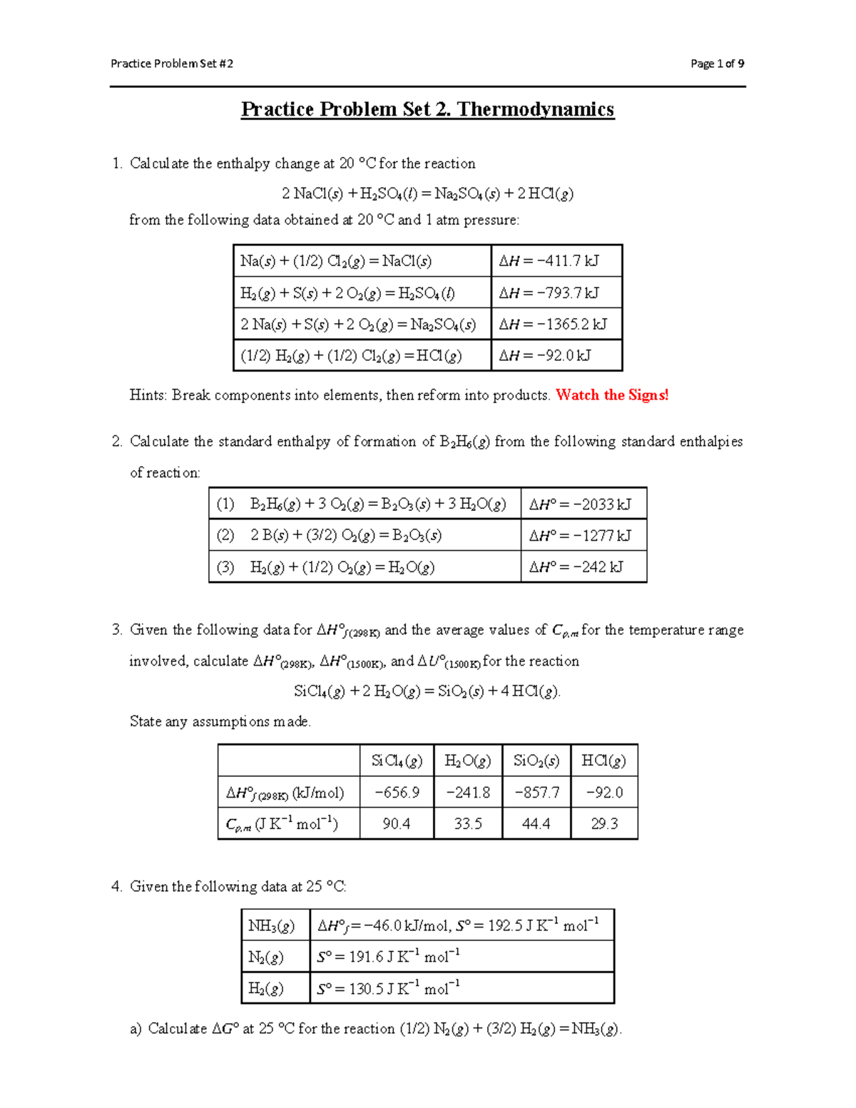 Chem 211 - Practice problems - Practice Problem Set 2. Thermodynamics ...