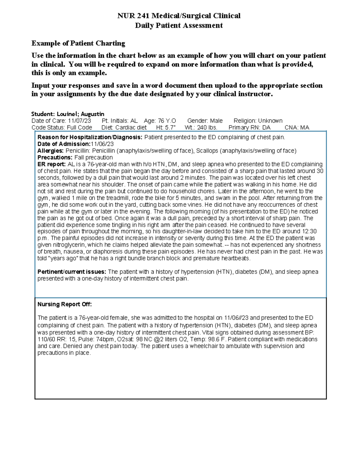 NUR241 Med-Surg DPA week 6 - NUR 241 Medical/Surgical Clinical Daily ...