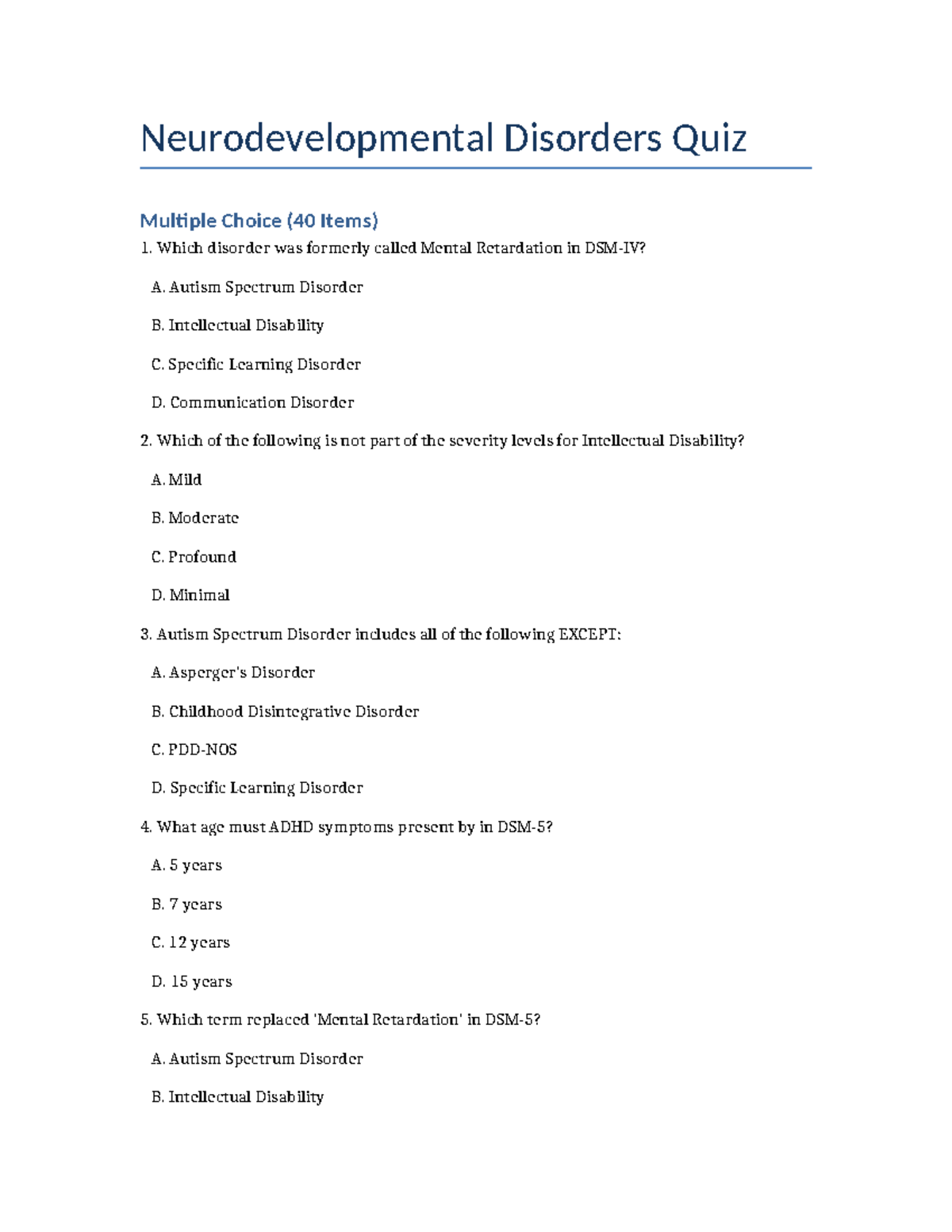 Neurodevelopmental disorders quiz - Neurodevelopmental Disorders Quiz ...