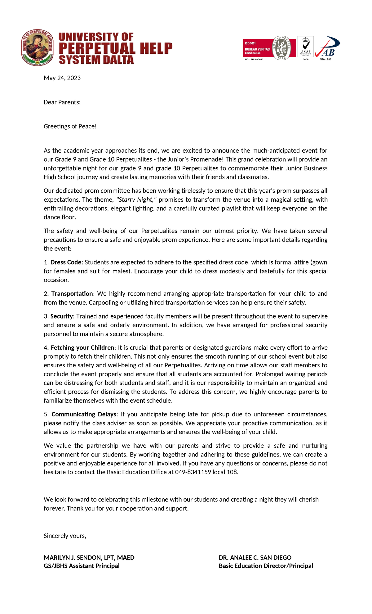 2023-PROM- Guidelines - May 24, 2023 Dear Parents: Greetings of Peace ...