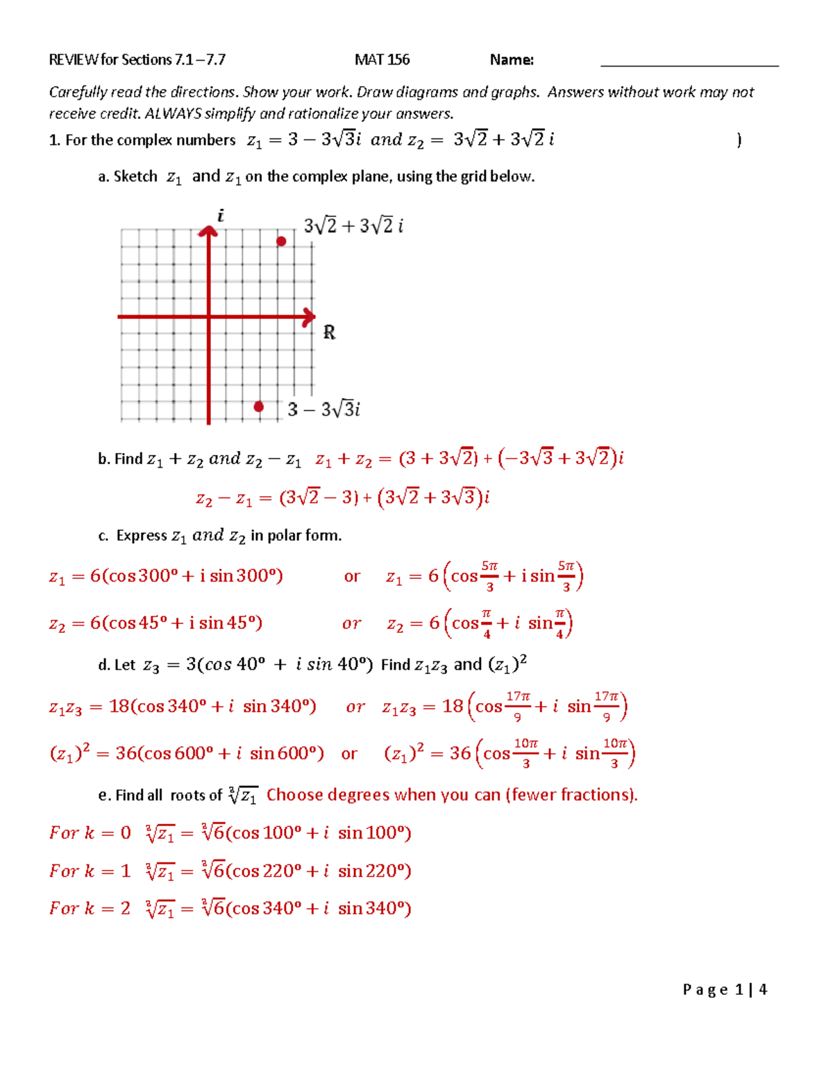 Review KEY Sections 7.1 to 7 - REVIEW for Sections 7 – 7 MAT 156 Name ...