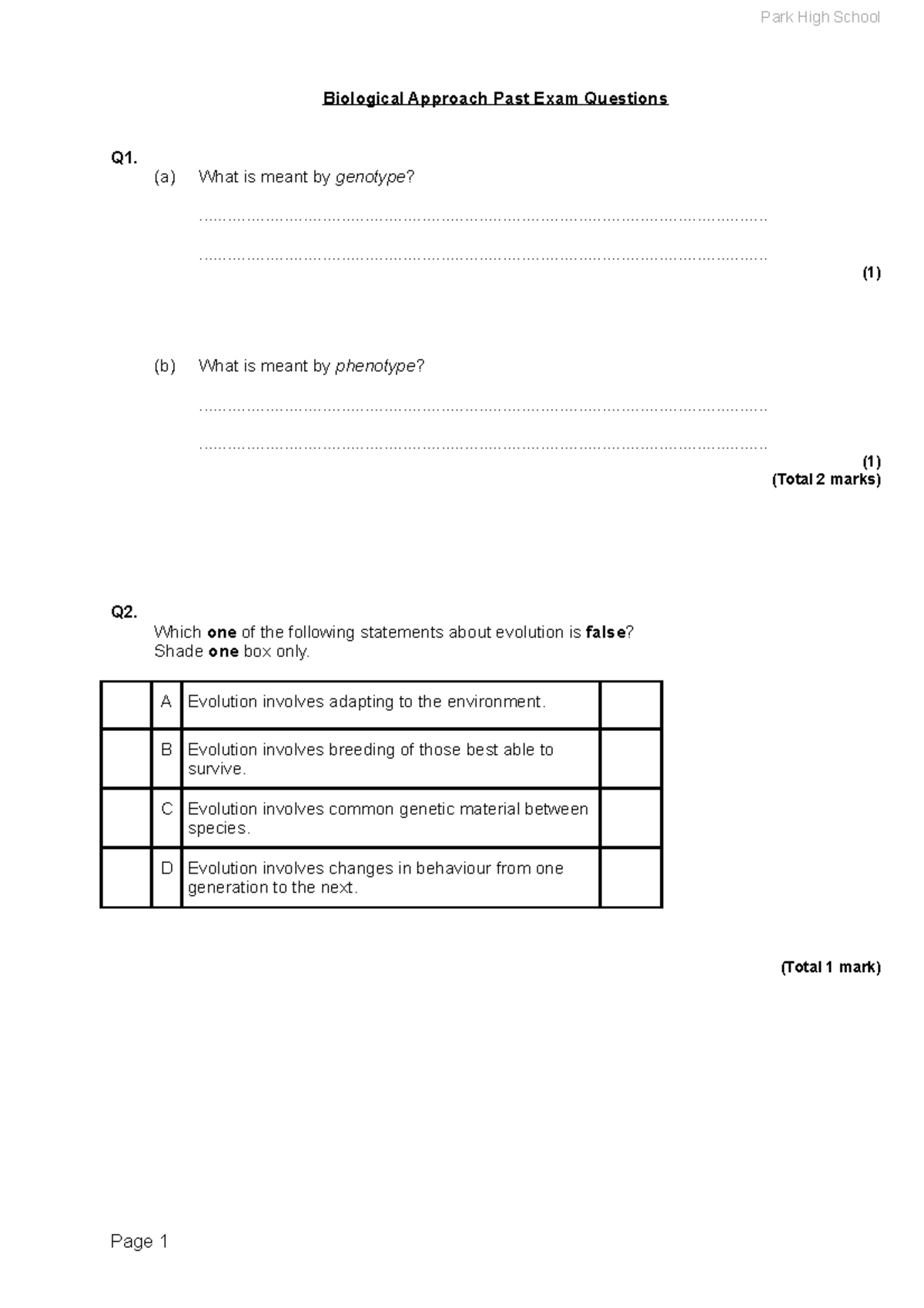 Biological approach - (a) What is meant by genotype? - Studocu