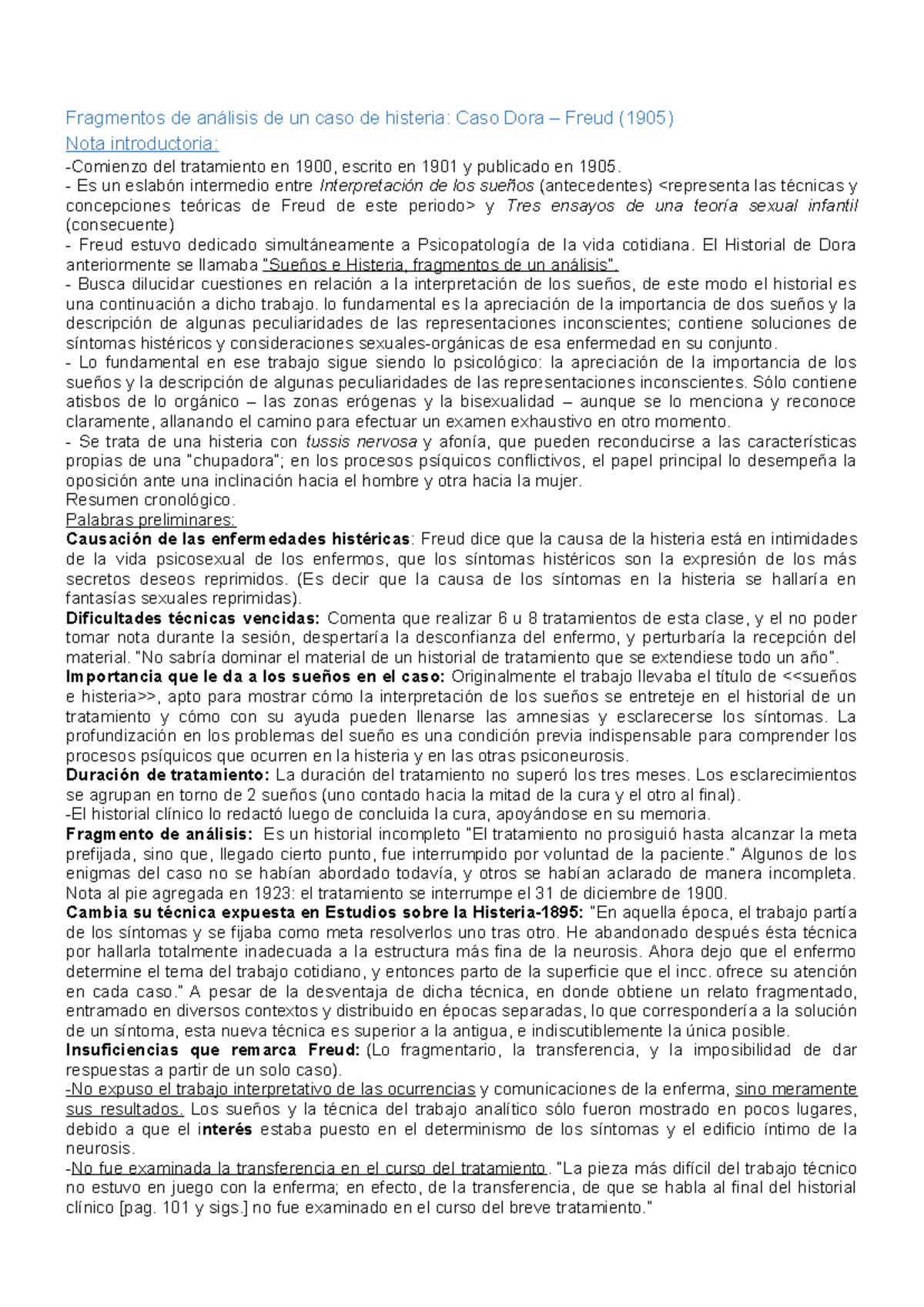 Resumen CASO DORA - Fragmentos de análisis de un caso de histeria: Caso ...