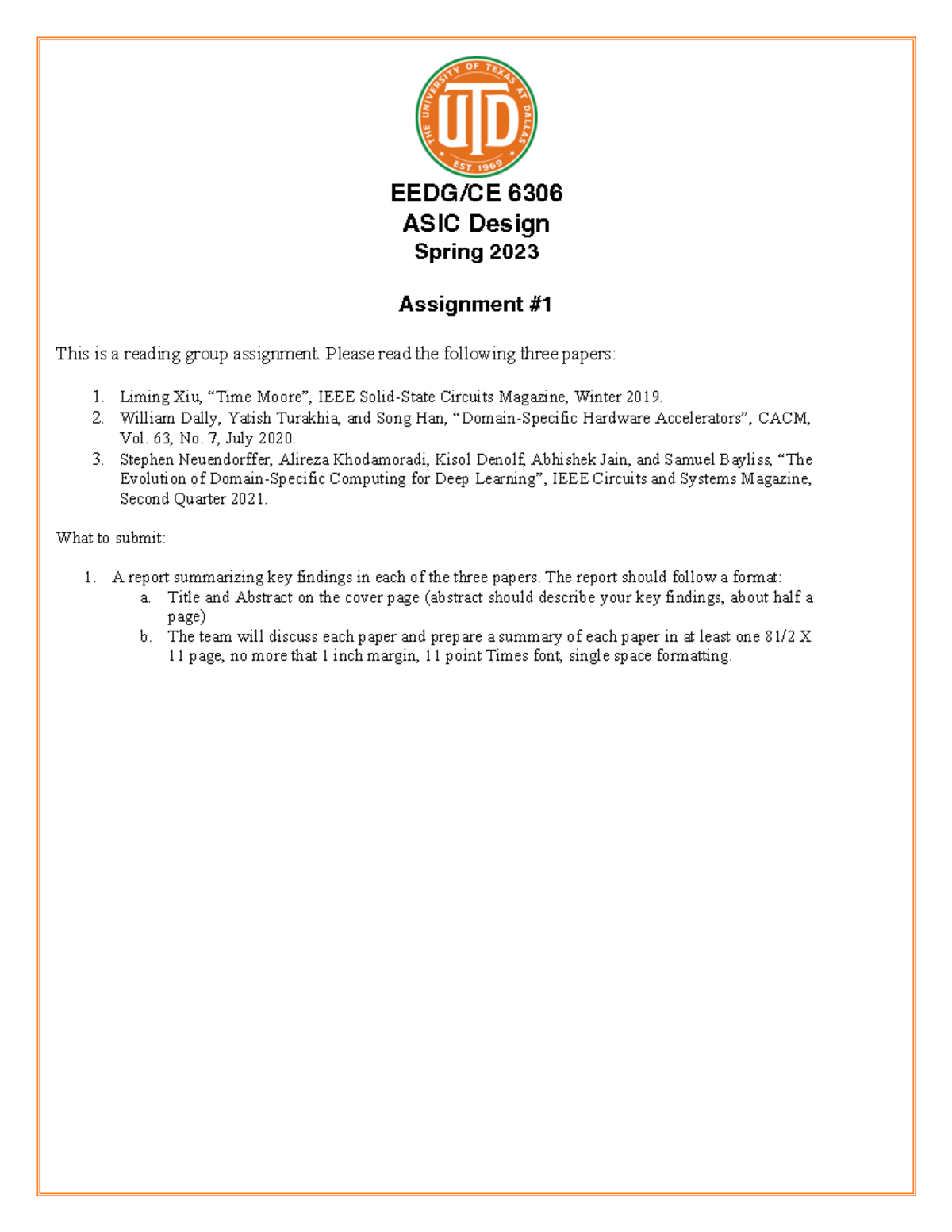 ASIC ASSIGNMENT - EEDG/CE 6306 ASIC Design Spring 2023 Assignment This ...