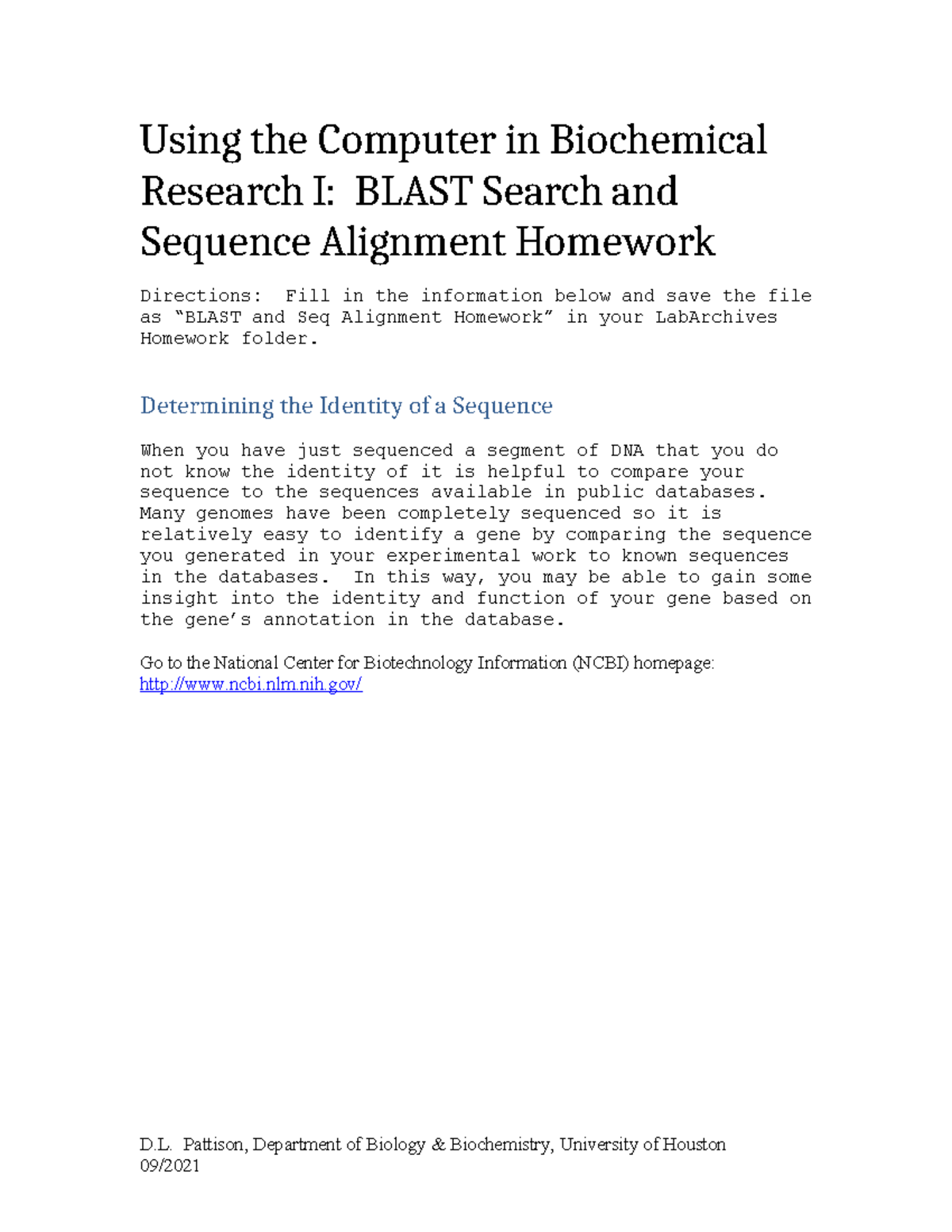 Blast and Seq Align Fall 2023 - Using the Computer in Biochemical Research I: BLAST Search and ...