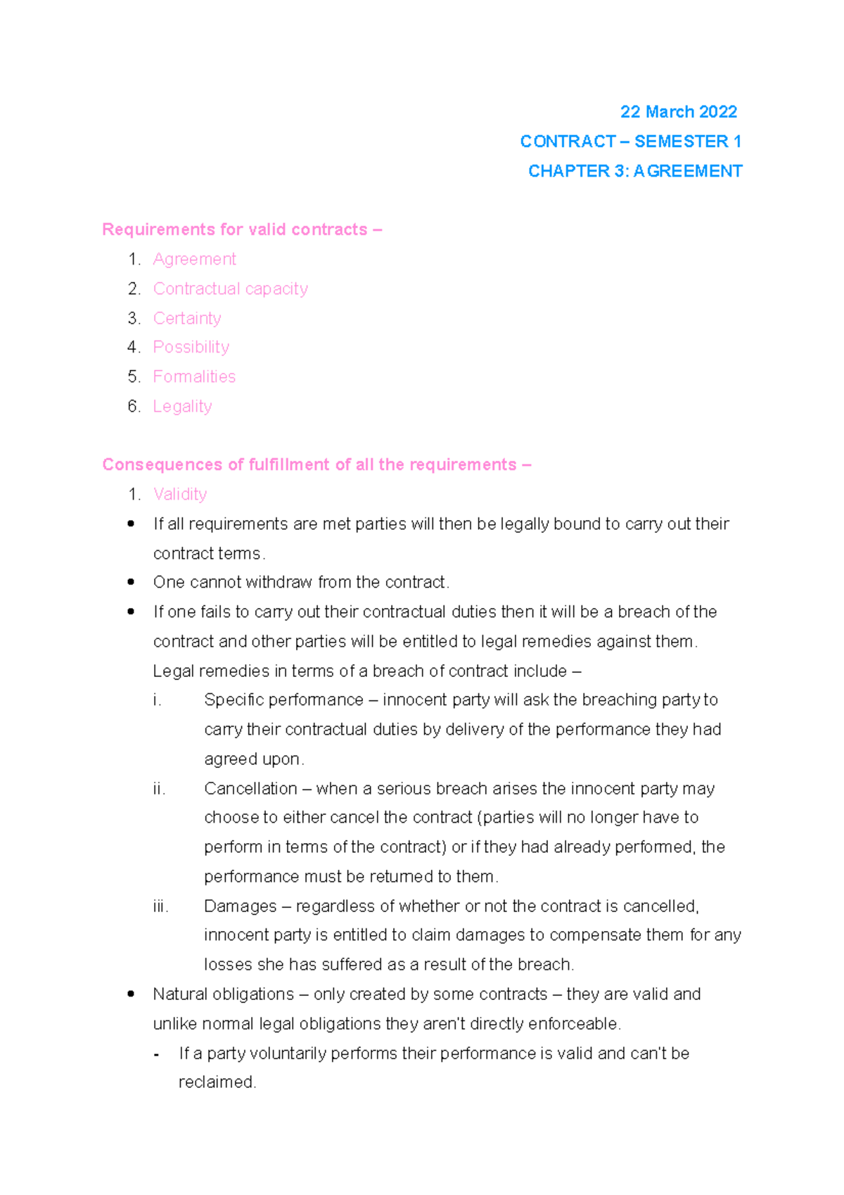 Chapter 3 Agreement Notes - 22 March 2022 CONTRACT – SEMESTER 1 CHAPTER ...