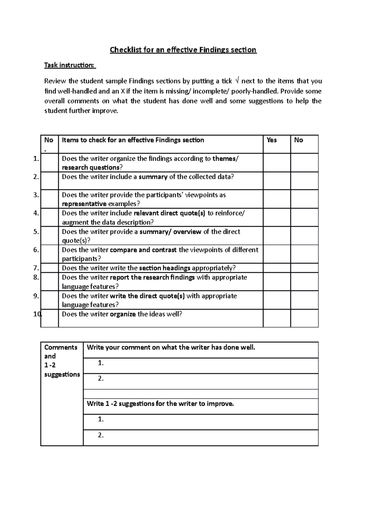 Student Sample Evaluation Form - Findings - Checklist for an effective ...