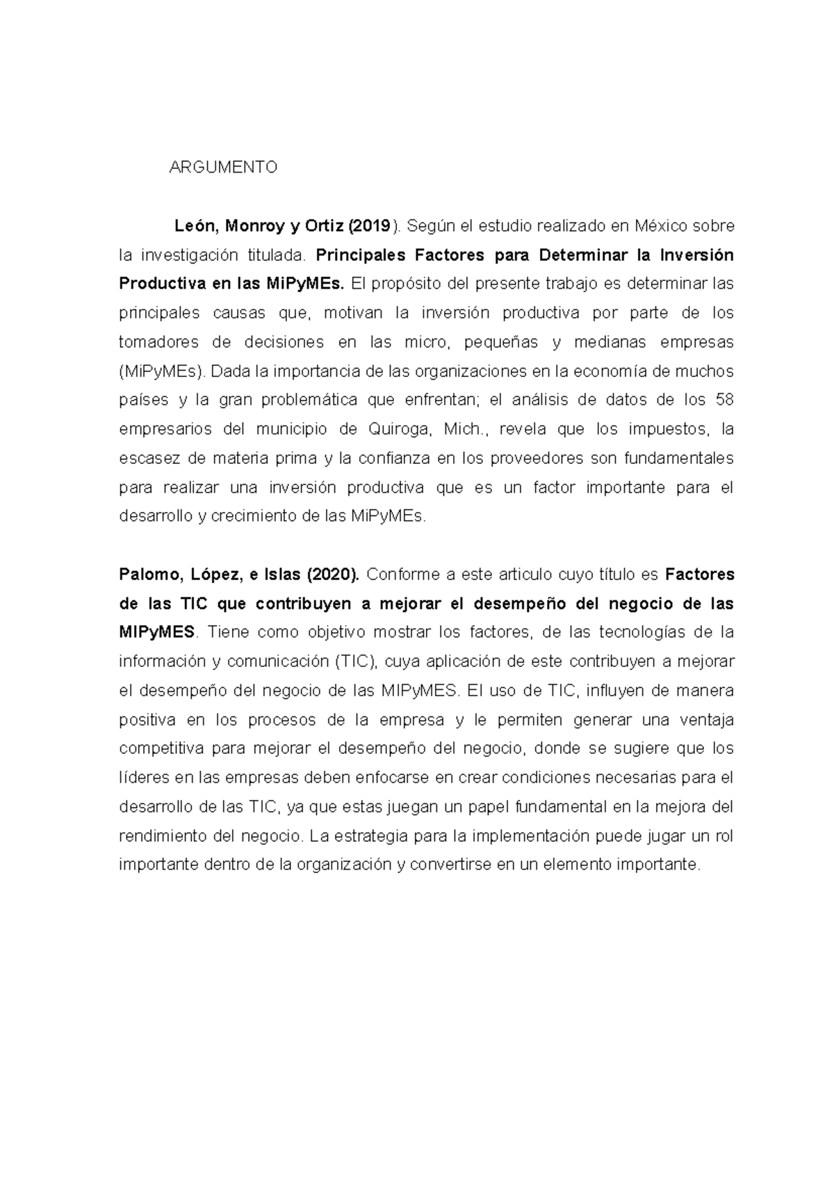 Argumento DE Trabajo DE Investigacion - ARGUMENTO León, Monroy y Ortiz ...
