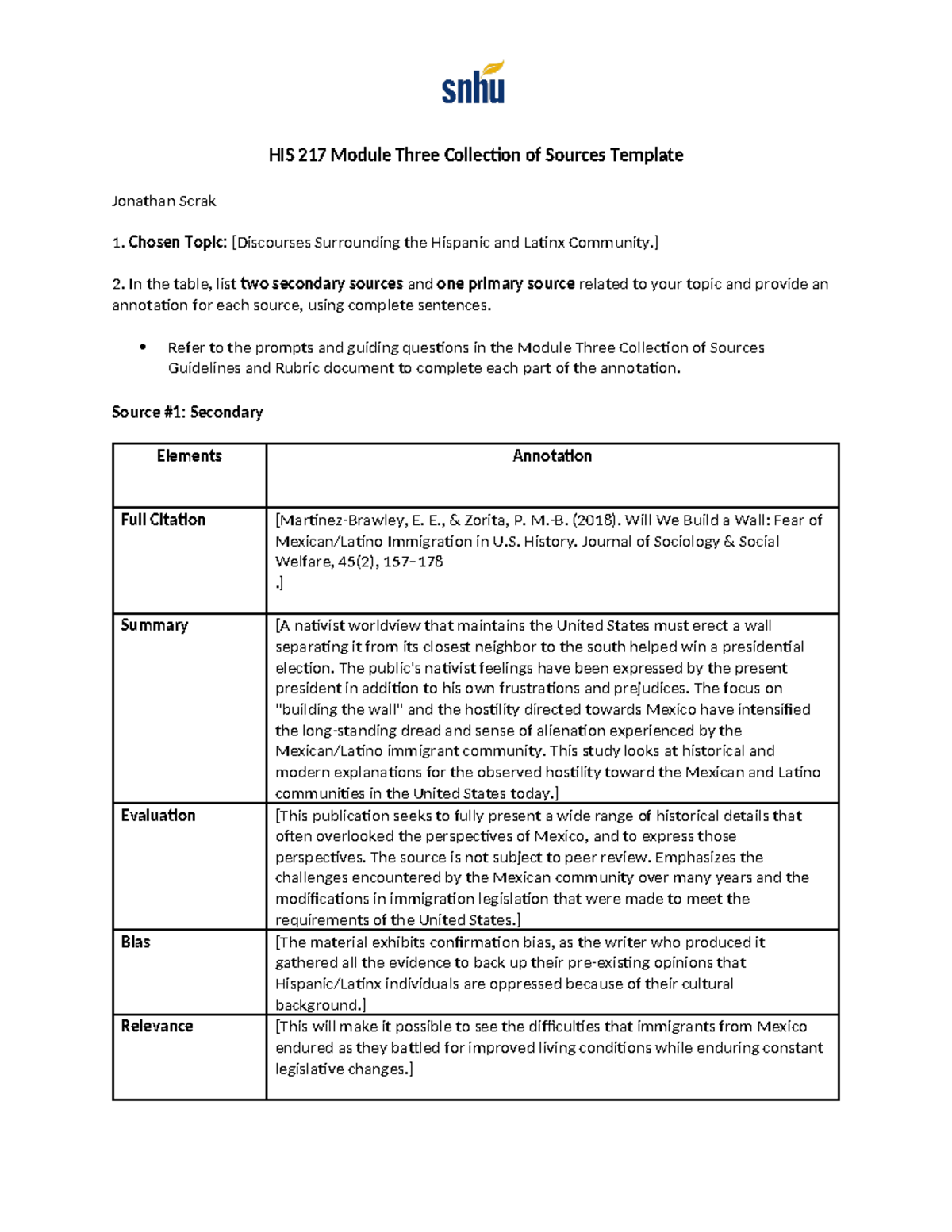 HIS 217 Module Three Collection of Sources Template - ] In the table, list two secondary sources ...