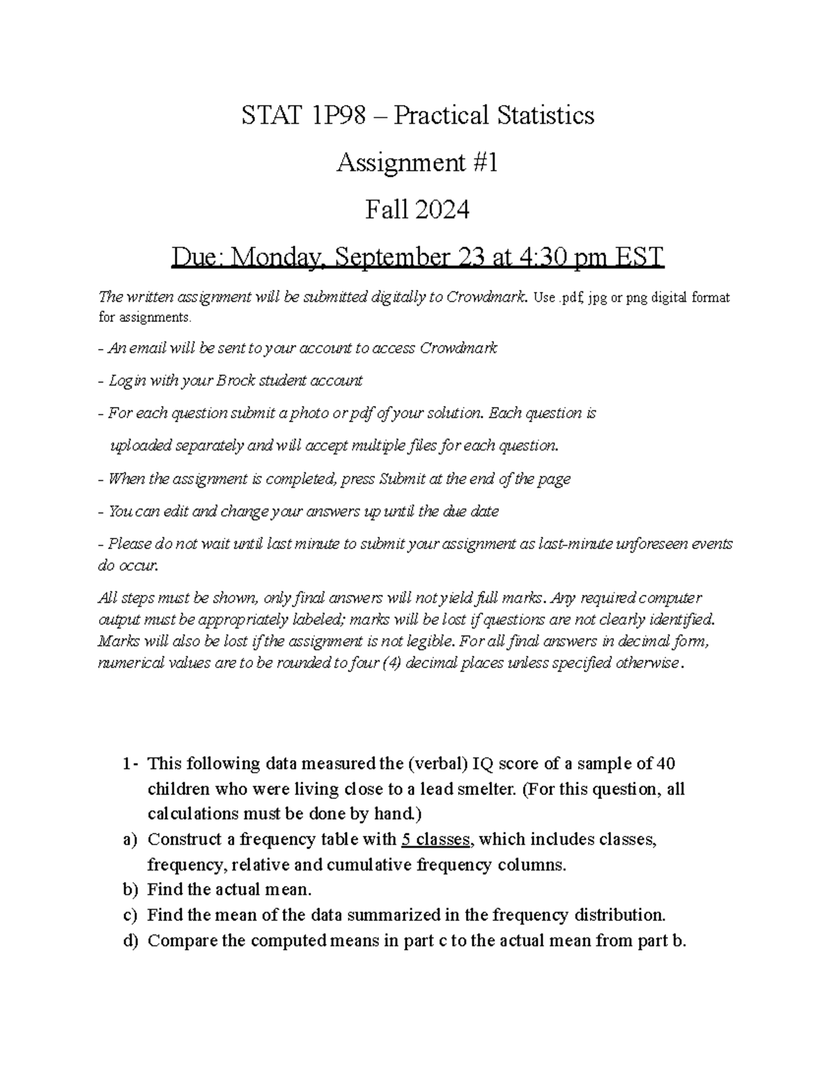 Assignment 1 stat1p89 - random questions - STAT 1P98 – Practical Statistics Assignment Fall 2024 ...