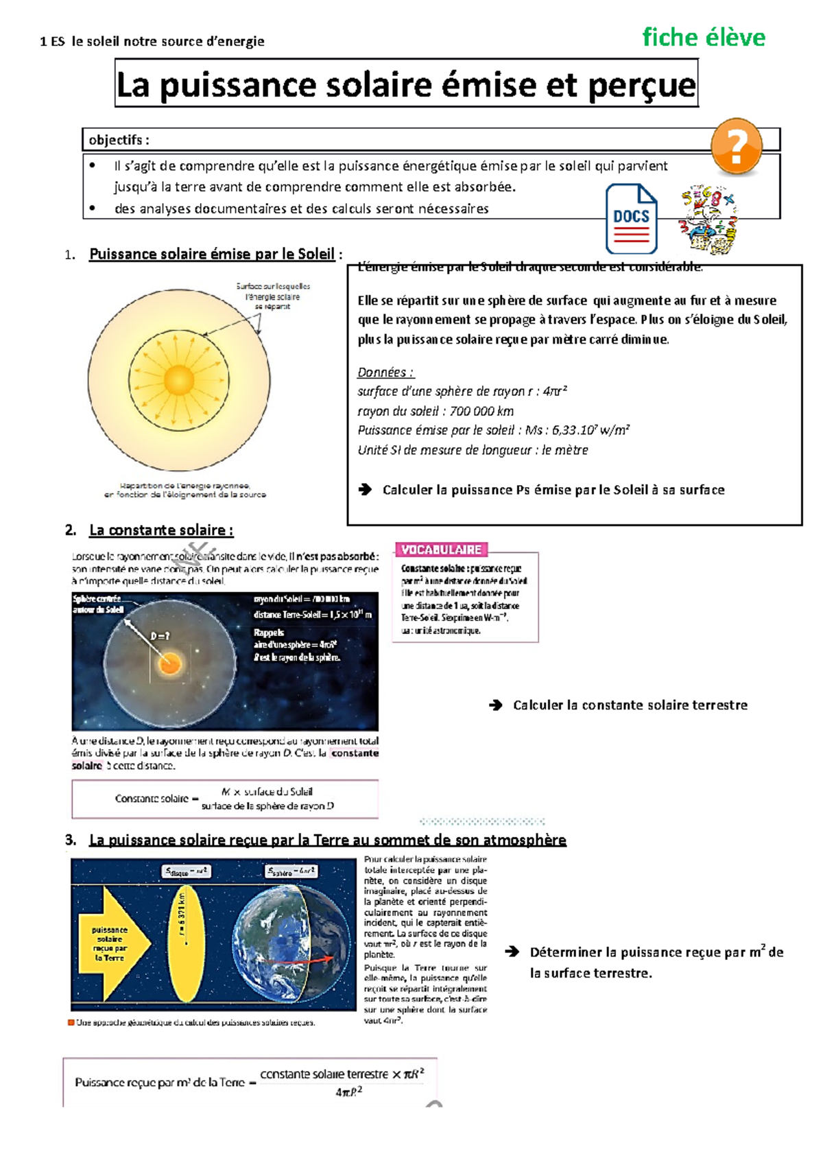 Exercices la puissance solaire - 1 ES le soleil notre source d’energie ...