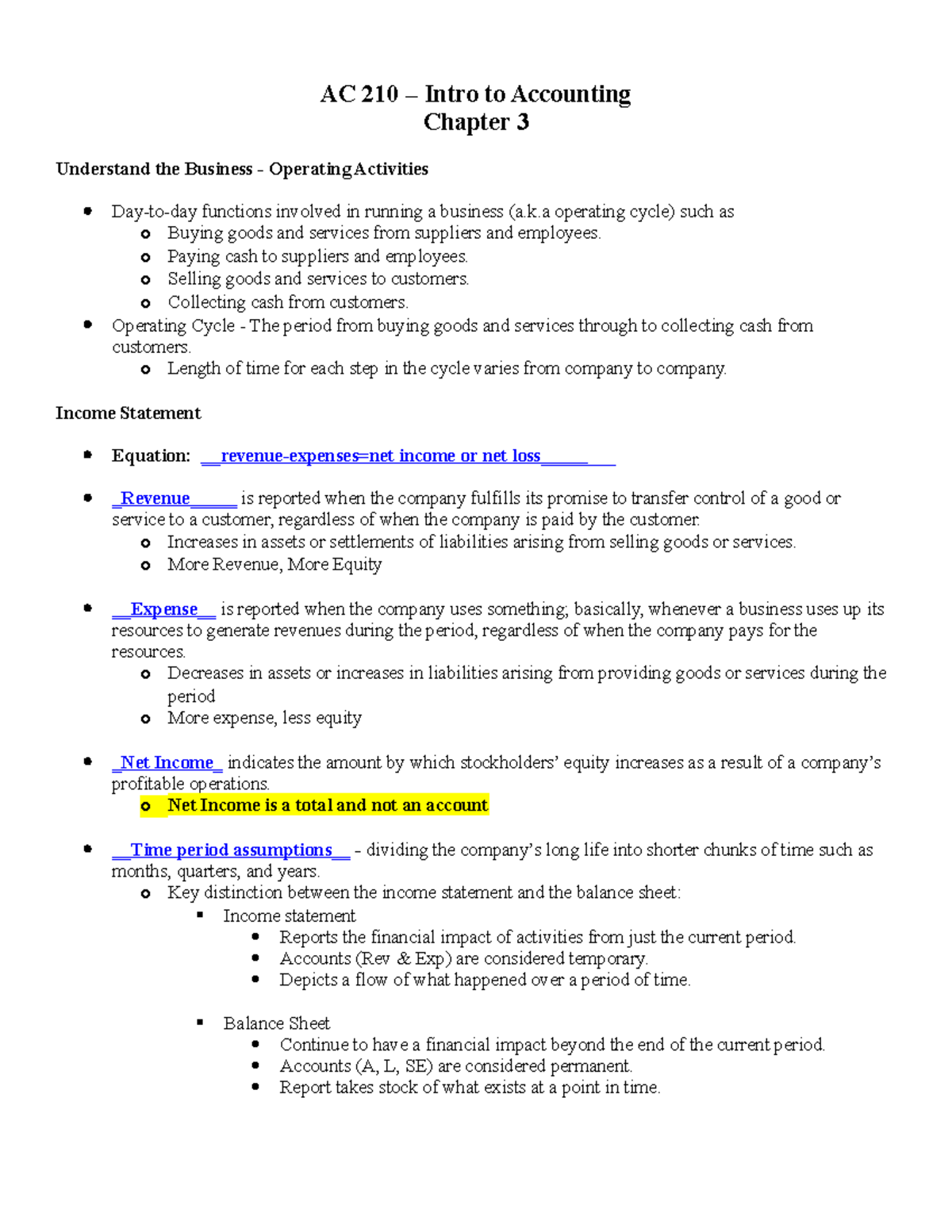 Chapter 3 handout - AC 210 – Intro to Accounting Chapter 3 Understand ...