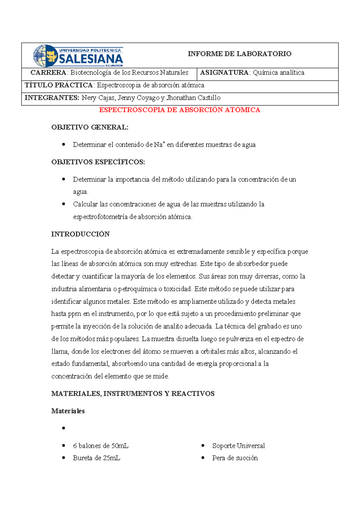 Informe 5 quimica - ESPECTROSCOPIA DE ABSORCIÓN ATÓMICA - INFORME DE ...