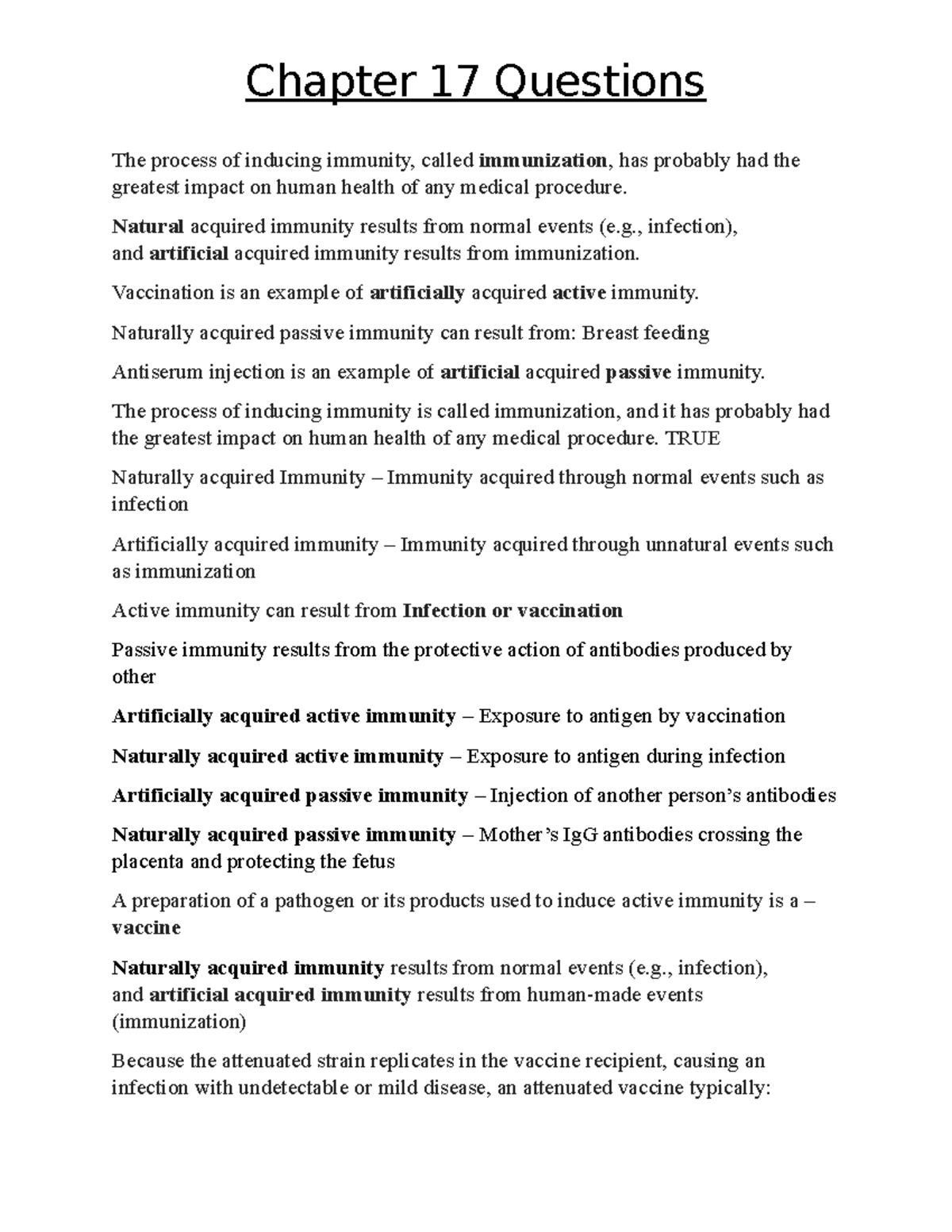 MICRO Chapter 17 Questions - Chapter 17 Questions The process of inducing immunity, called - Studocu