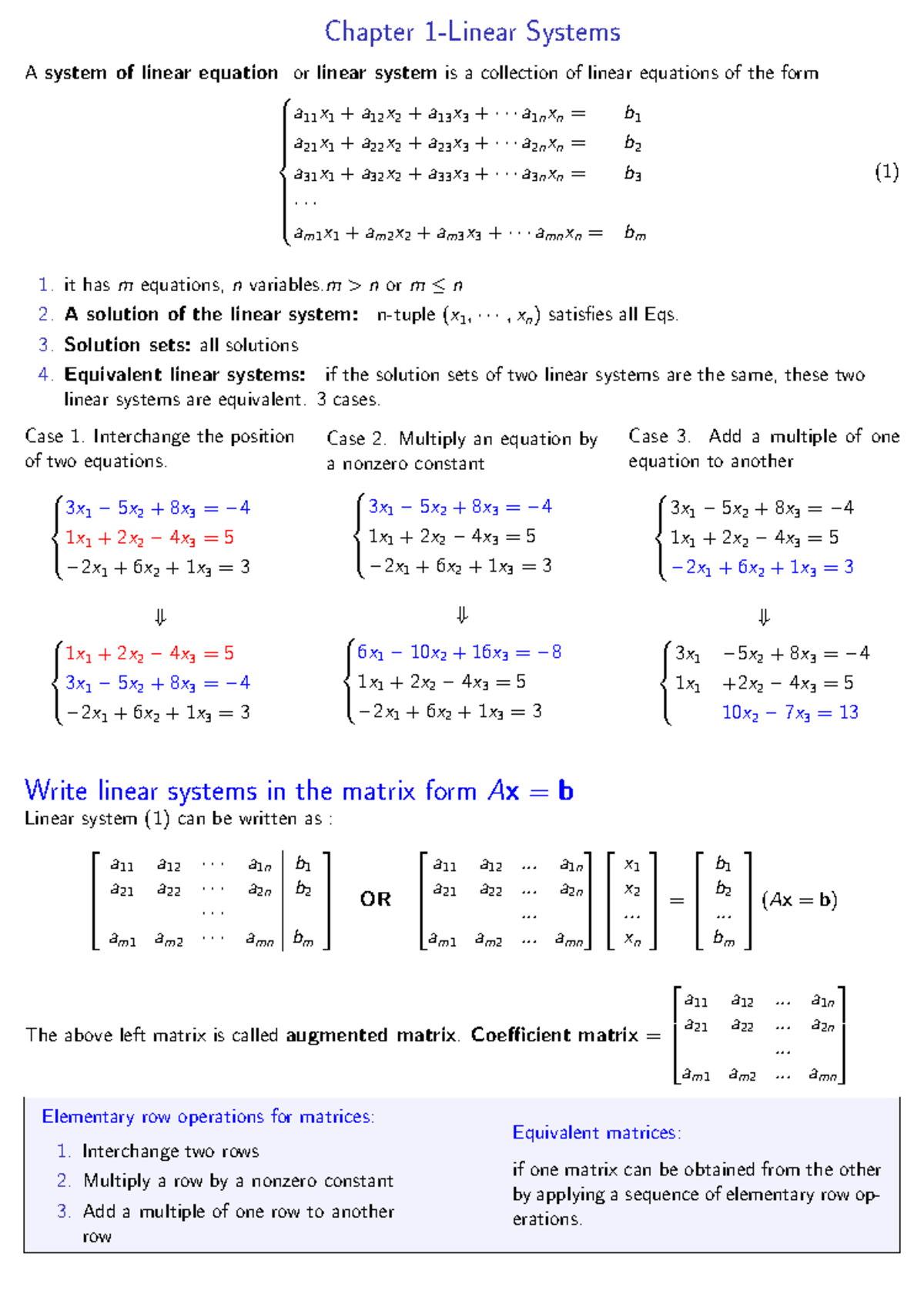 Chapter 1 Linear Systems - Solution sets: all solutions Equivalent linear systems: if the ...