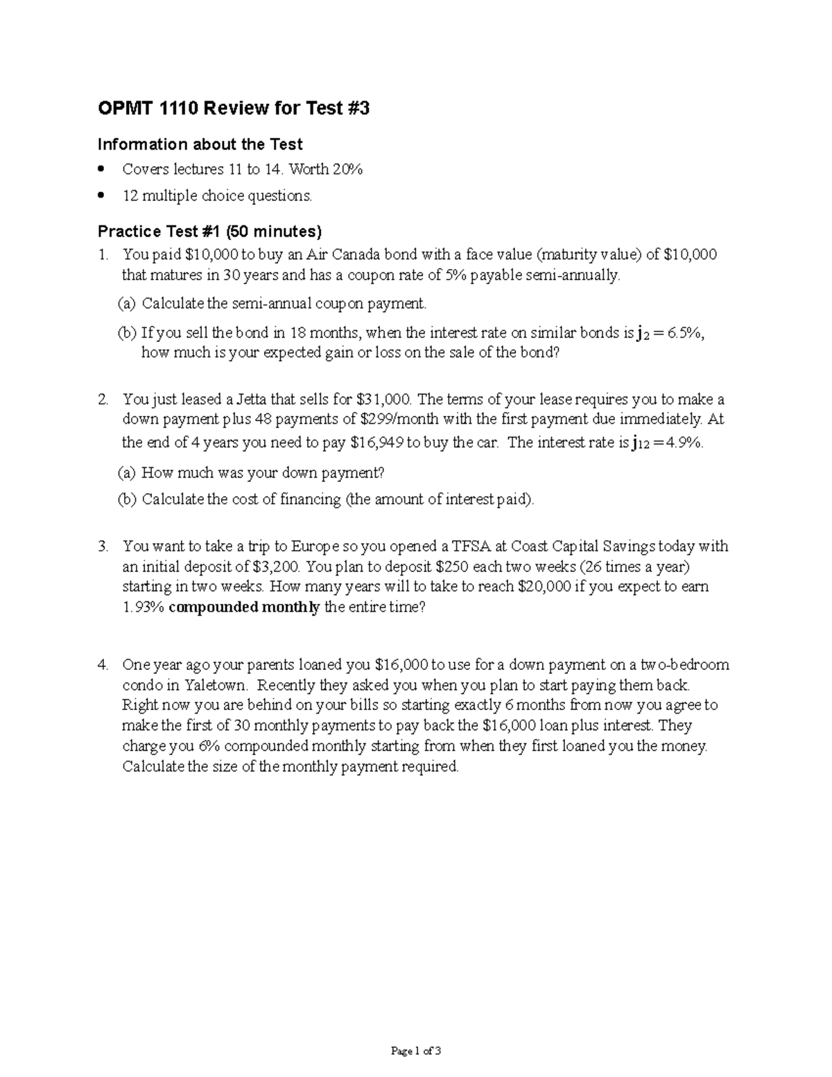 Practice Tests for Test 3,OPMT 1110 Business Mathematics - Page 1 of 3 ...