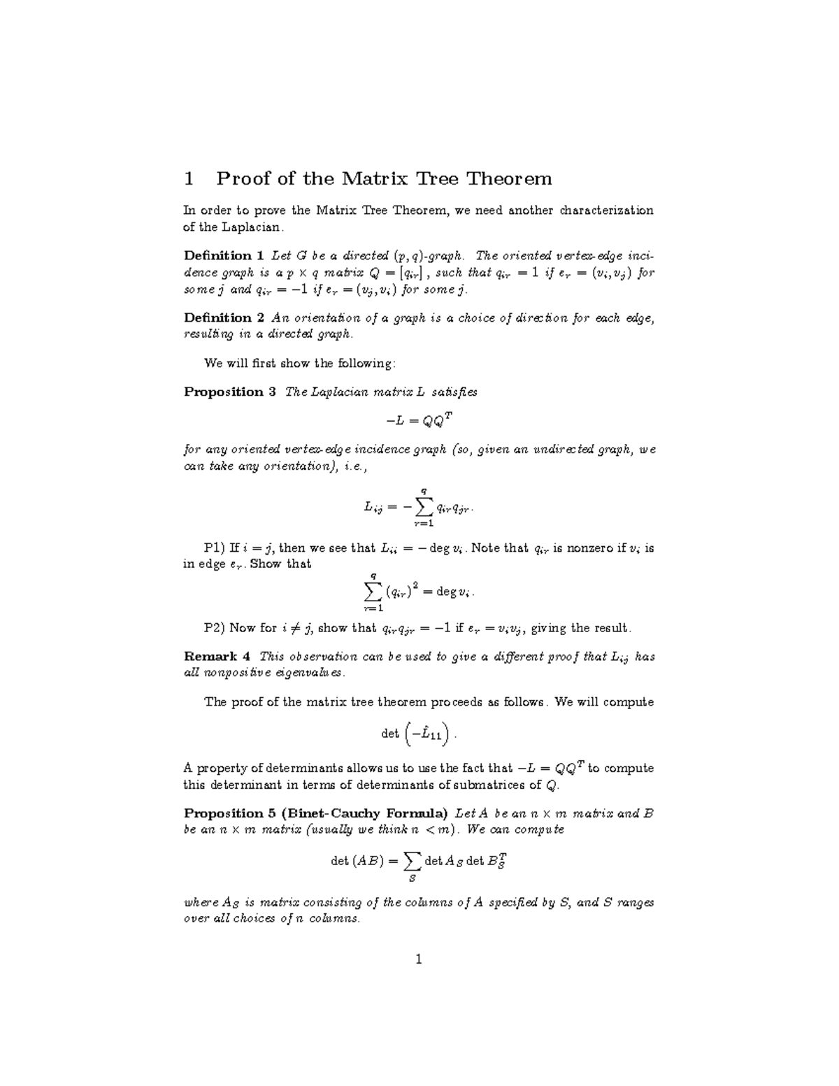 Worksheet on proof of the matrix tree theorem - 1 Proof of the Matrix Tree Theorem In order to ...