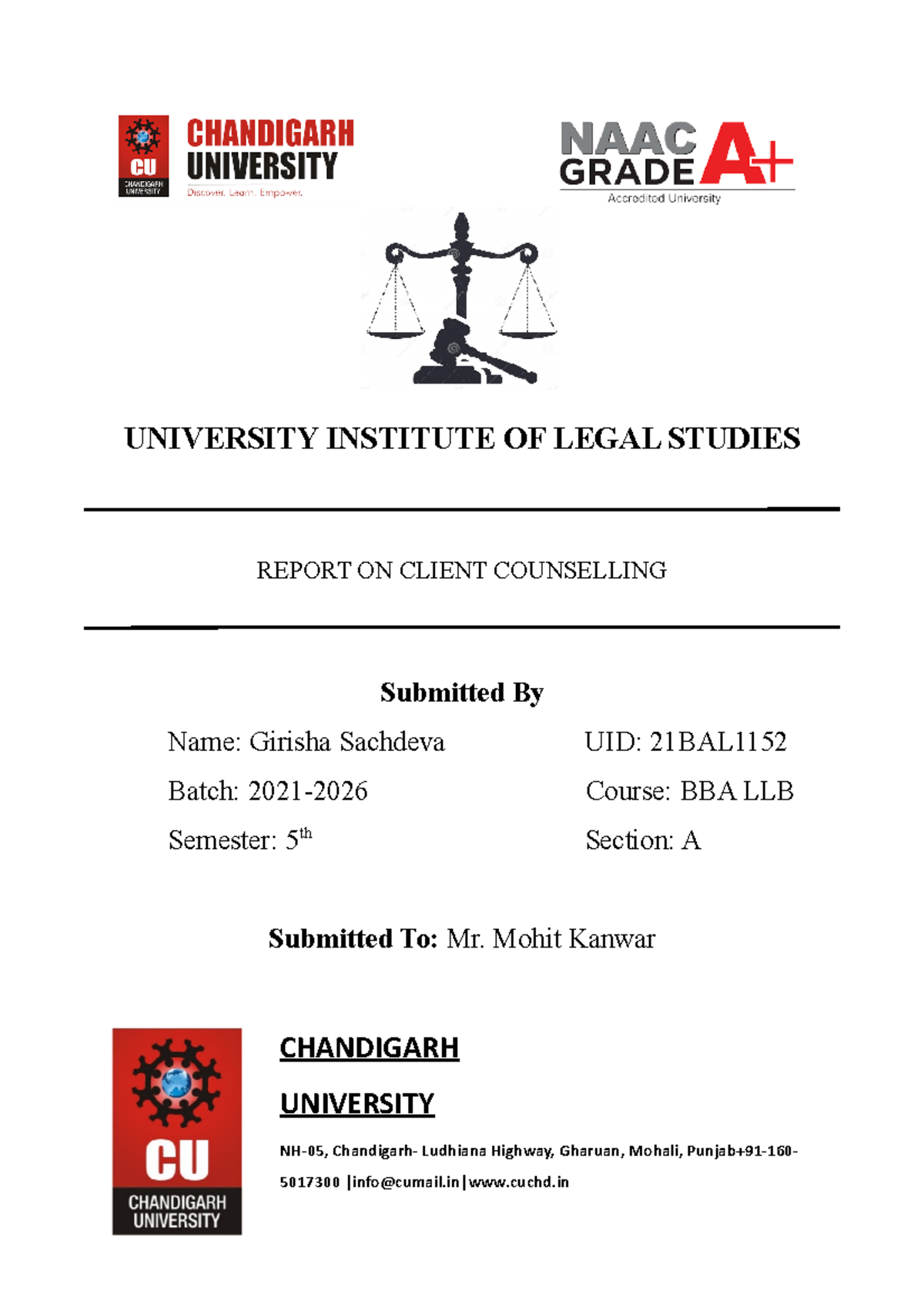 Report of Client Counselling - UNIVERSITY INSTITUTE OF LEGAL STUDIES ...