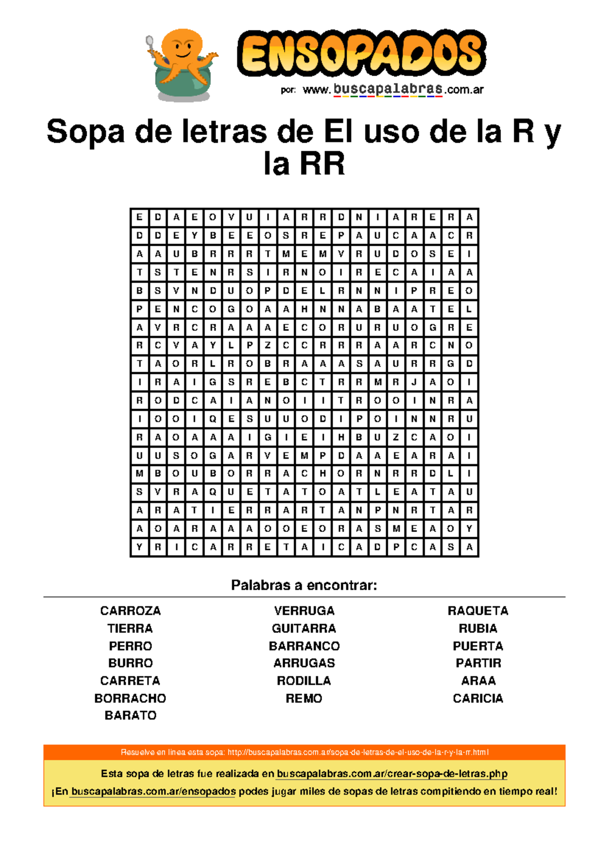 Sopa de letras de el uso de la r y la rr - Sopa de letras de El uso de la R y la RR E D A E O V ...