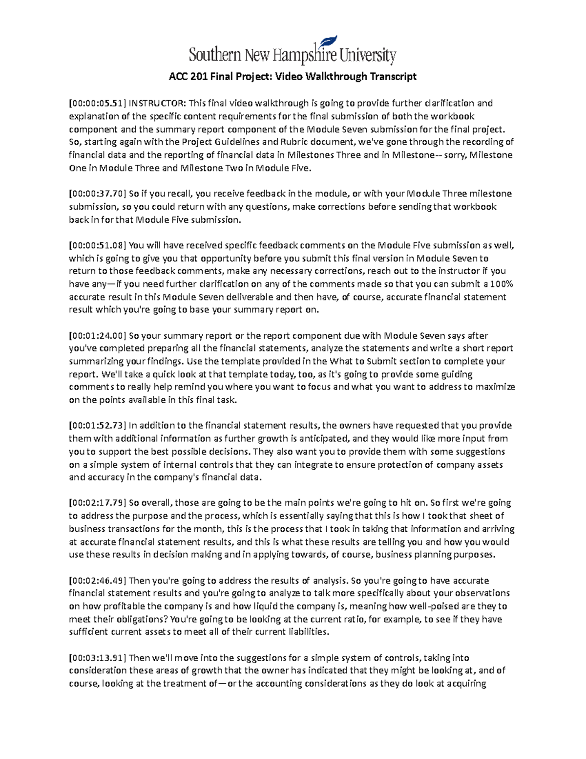 Transcript for ACC 201 Final Project Walkthrough - HUM 100 - SNHU - Studocu