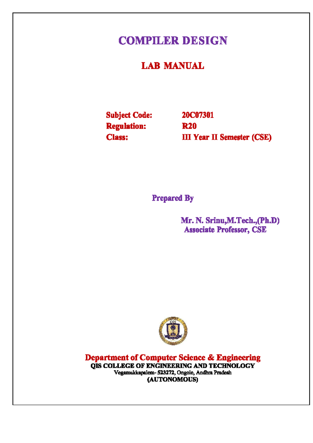 Cd lab manual - COMPILER DESIGN LAB MANUAL Subject Code: 20C07301 ...