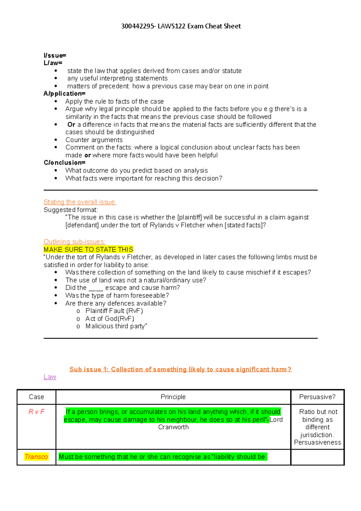 LAWS122 Cheat Sheet - Summary Introduction to Case Law - I/ssue= L/aw ...