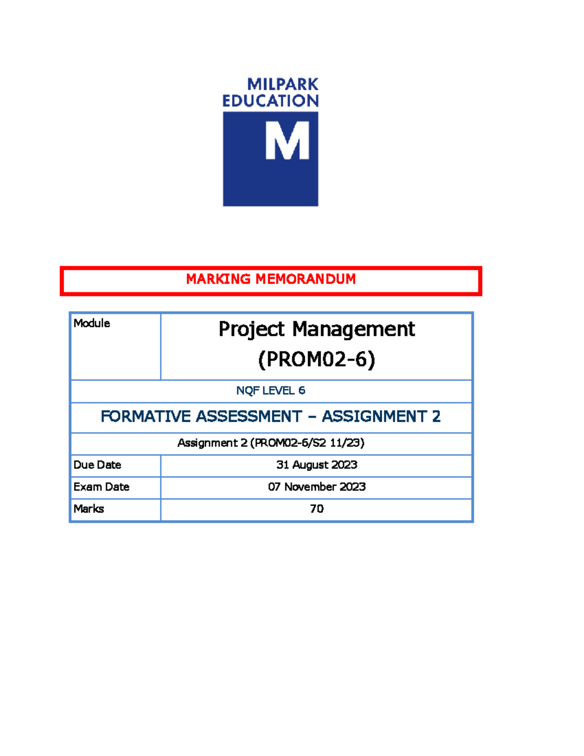 Assignment PROM02-6 DL S2 08 2023 BBA Memo - MARKING MEMORANDUM Module ...