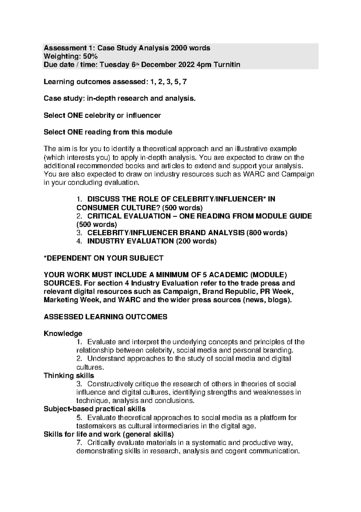 CW1 CASE Study Assessment Criteria - Assessment 1: Case Study Analysis ...