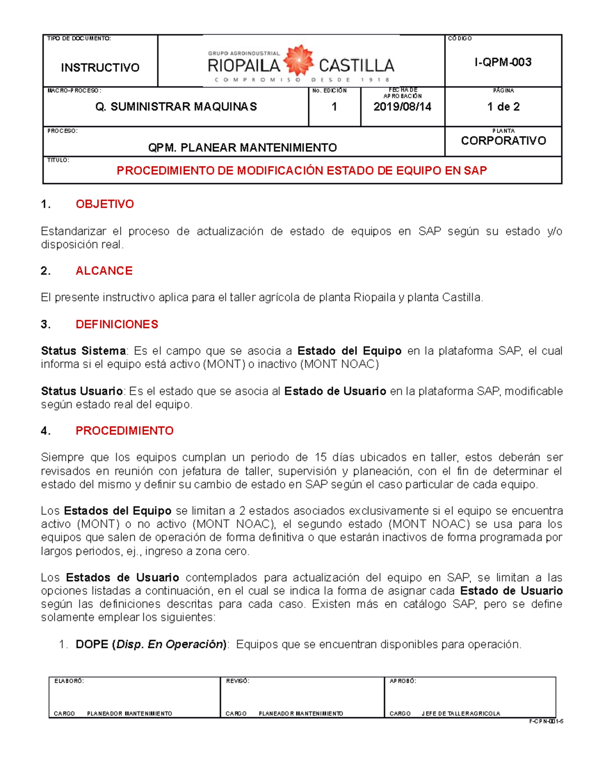 I-QPM-003 Procedimiento modificación estado de equipo en SAP - TIPO DE ...