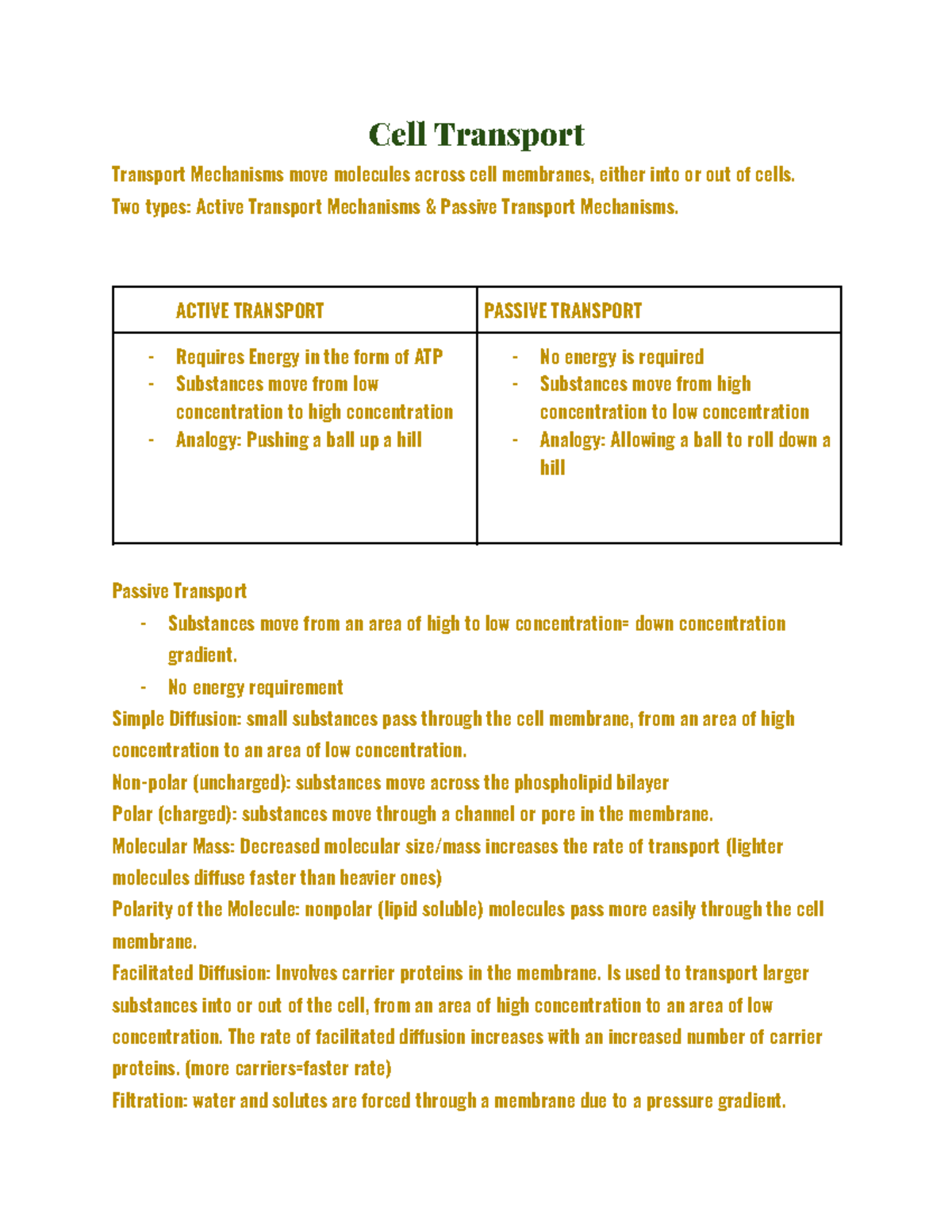 Bio notes- cell transport (unit 1) - Cell Transport Transport ...