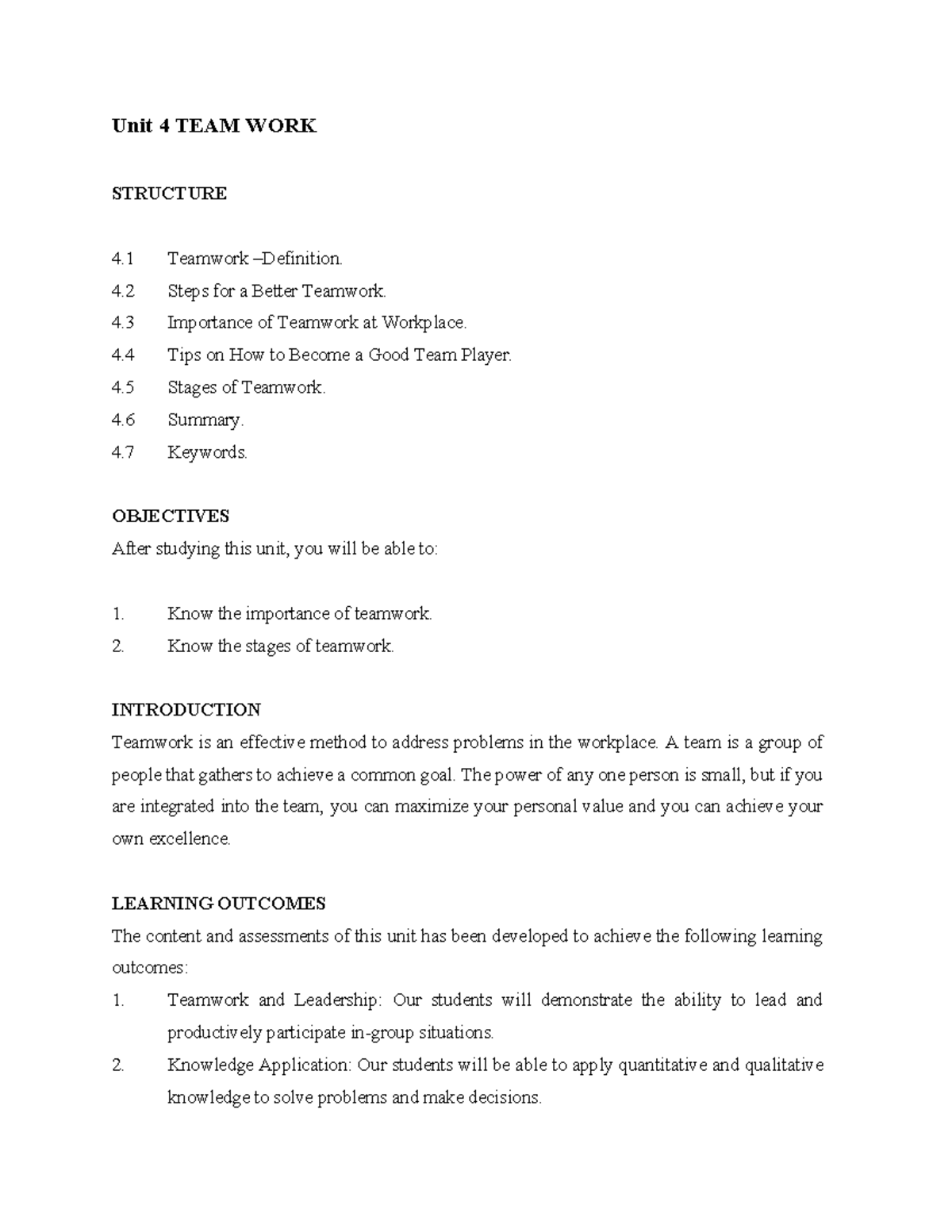 UNIT 4 TEAM WORK E BOOK - team work - Unit 4 TEAM WORK STRUCTURE 4 ...