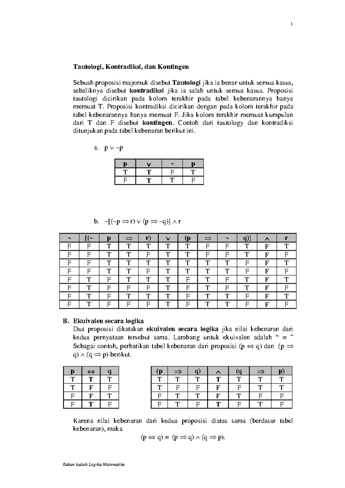 Tautologi - logika - 1 Bahan kuliah Logika Matematika Tautologi ...