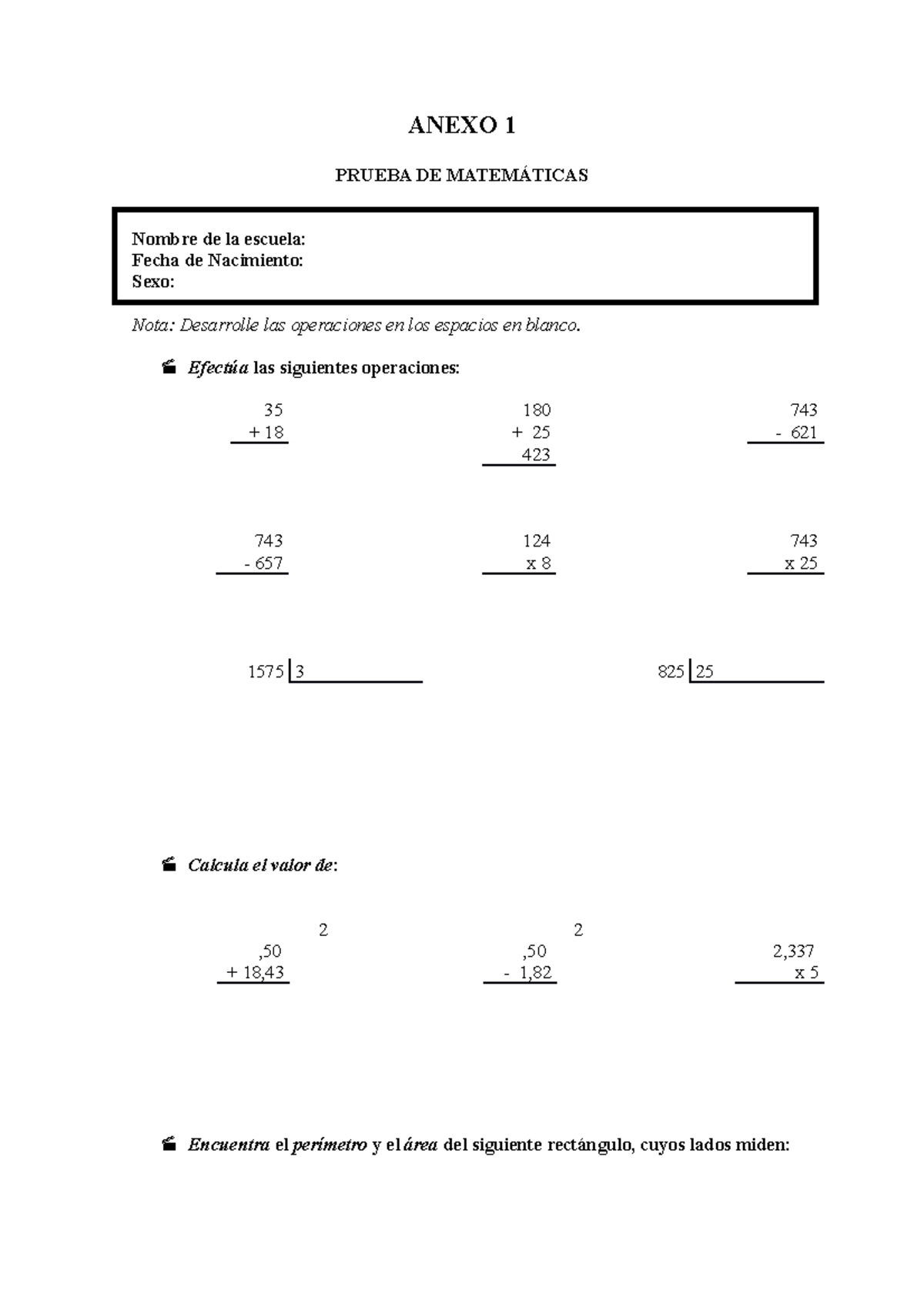 Evaluación diagnostica para séptimo año - ANEXO 1 PRUEBA DE MATEMÁTICAS ...