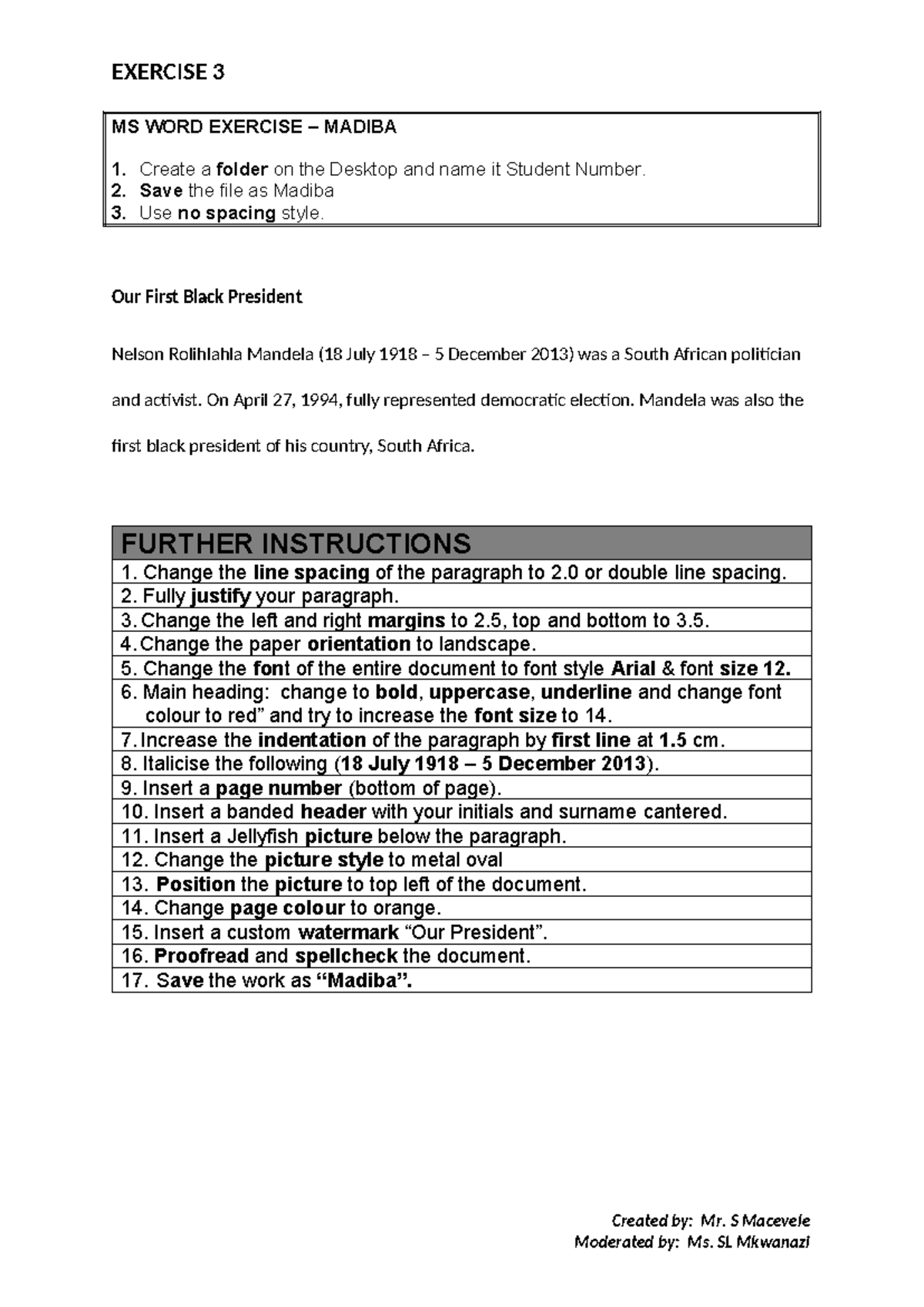 Exercise 3 - Madiba - Study Materials - EXERCISE 3 MS WORD EXERCISE ...