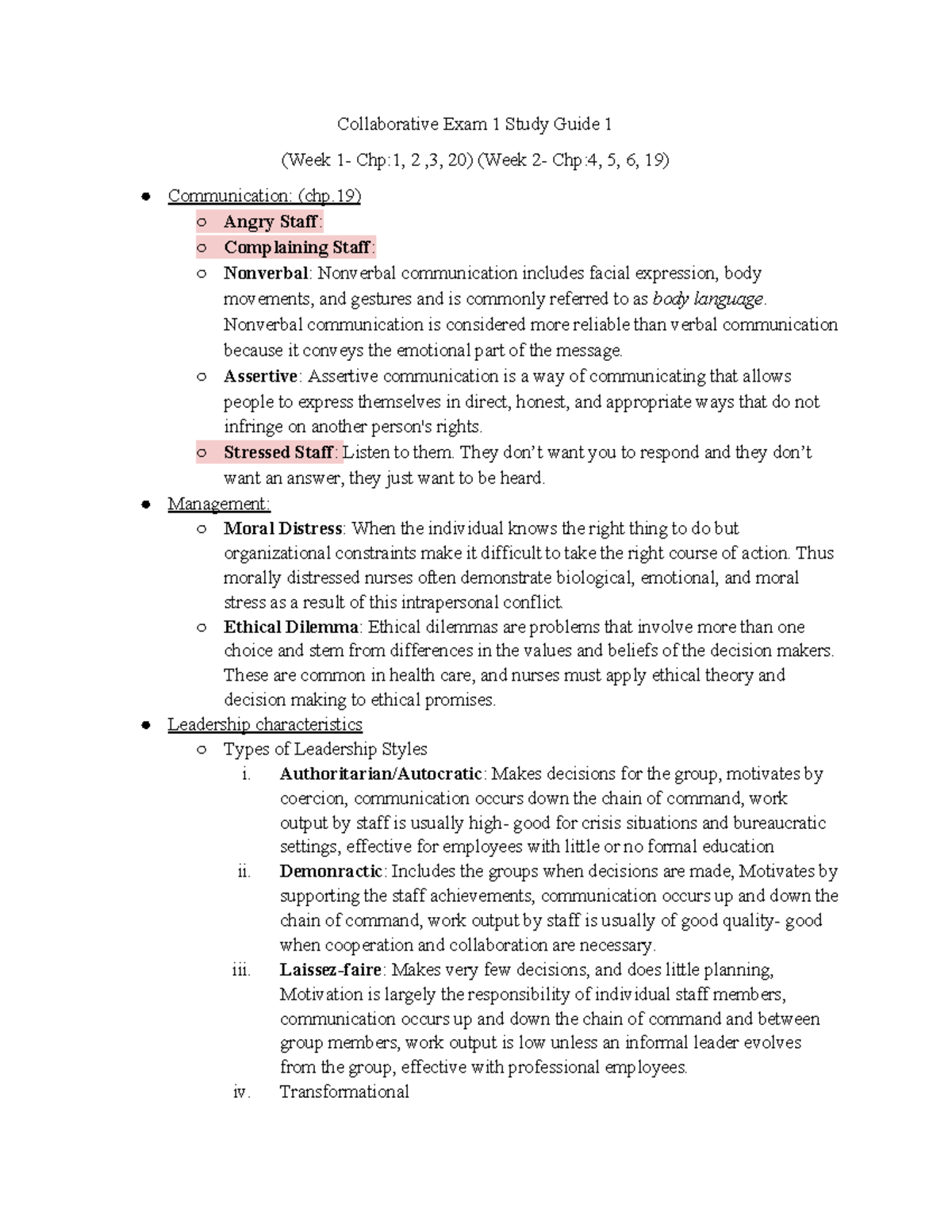 Exam 1 study guide - Collaborative Exam 1 Study Guide 1 (Week 1- Chp:1 ...