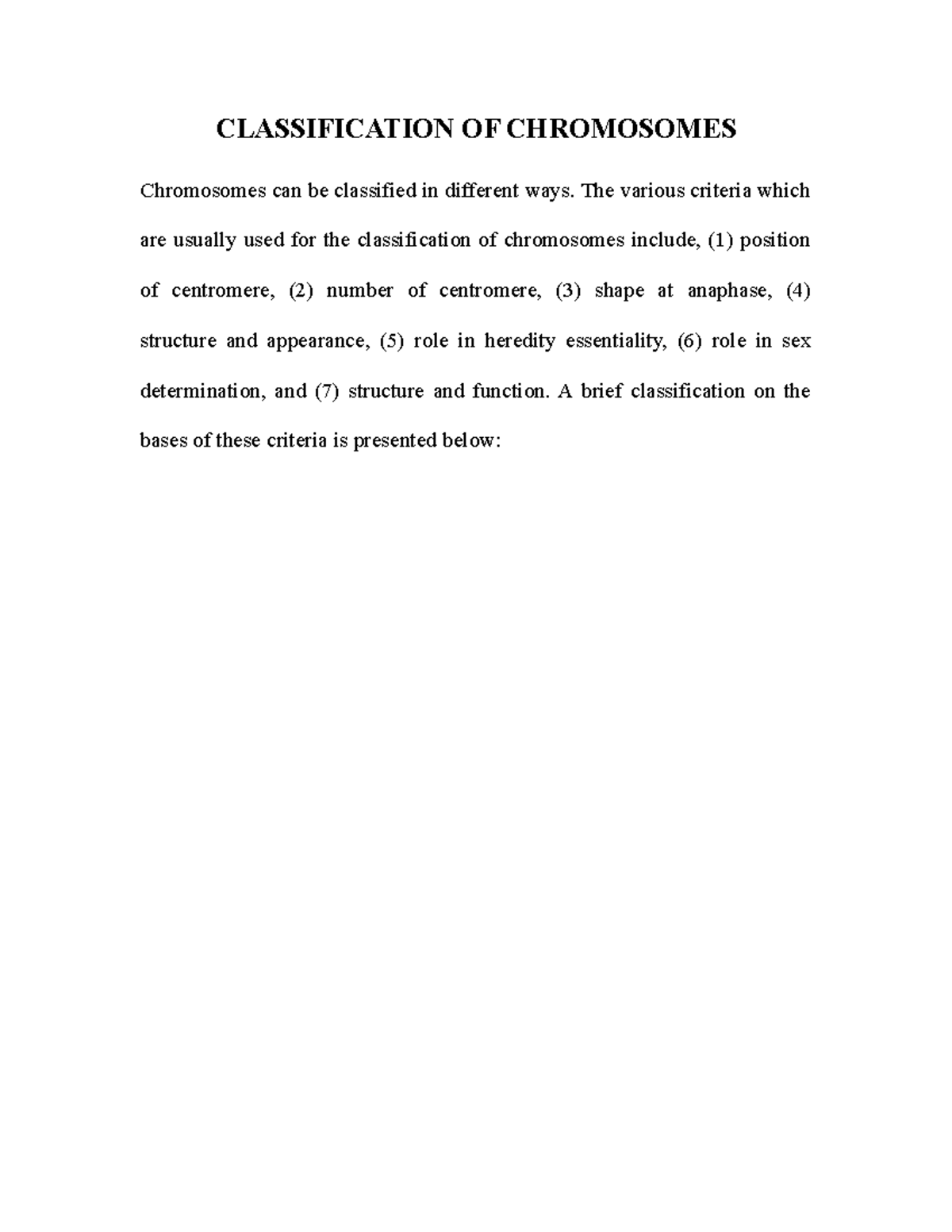 Classification Of Chromosomes Notes - CLASSIFICATION OF CHROMOSOMES ...