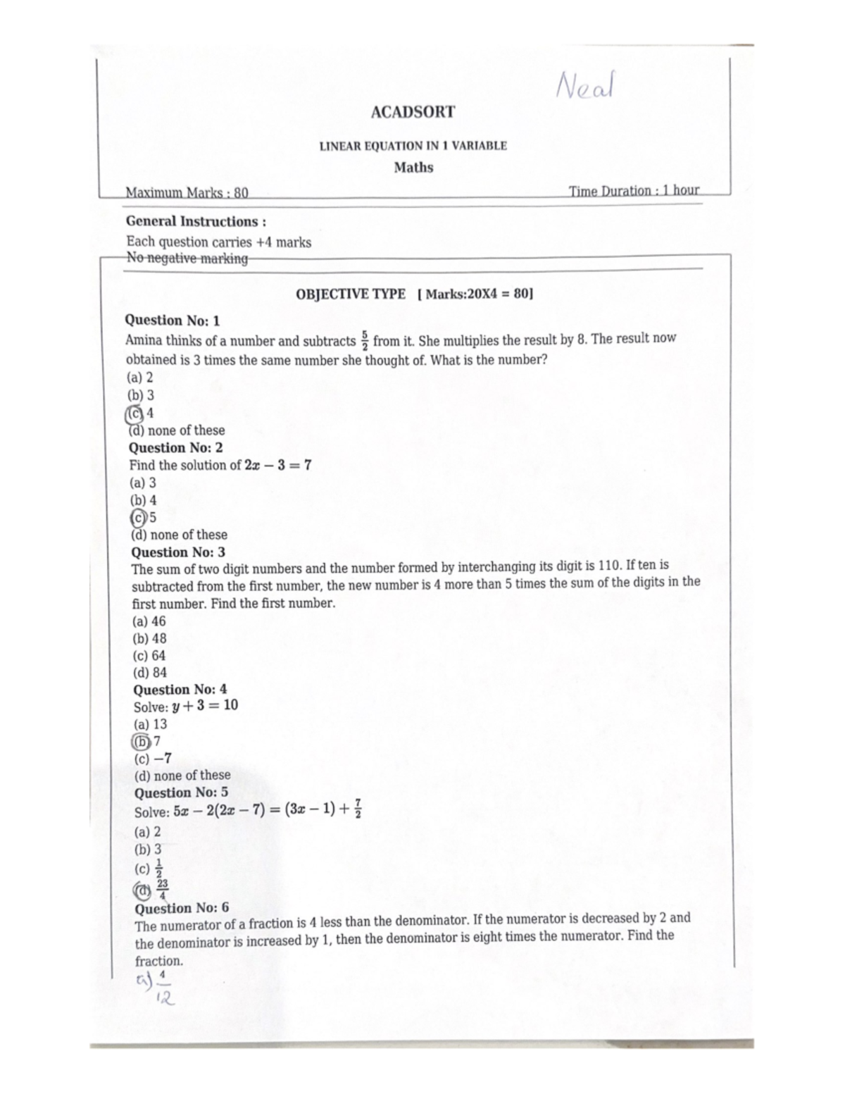Neals Linear Eq Assessment - Neal ACADSORT LINEAR EQUATION IN 1 ...